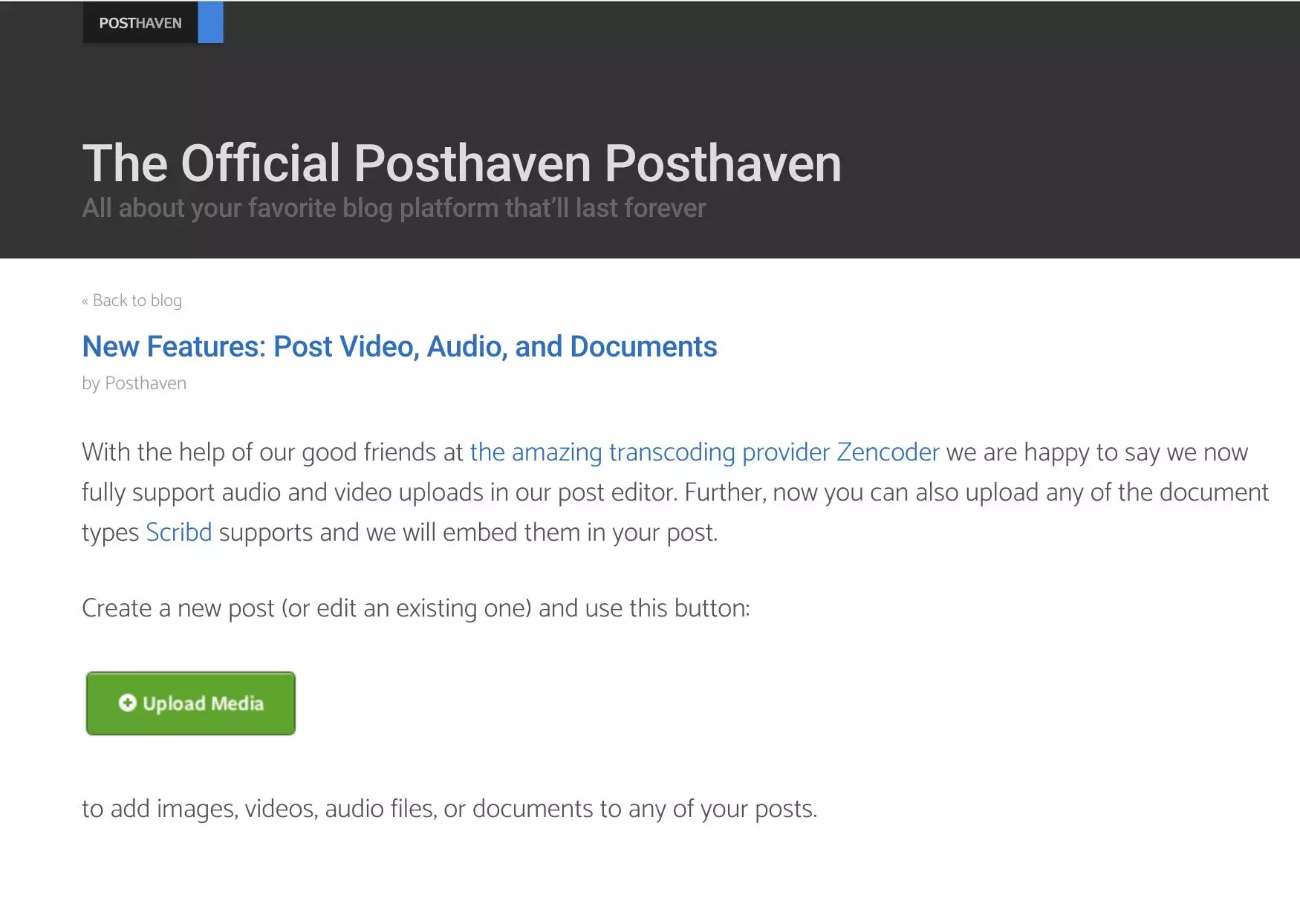 Anúncio da Posthaven sobre suporte a vídeo, áudio e documentos