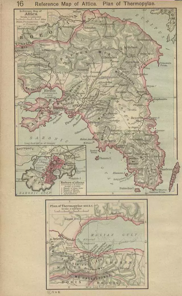 Map Cyfeirnod o Attica, yn dangos Thermopylae.