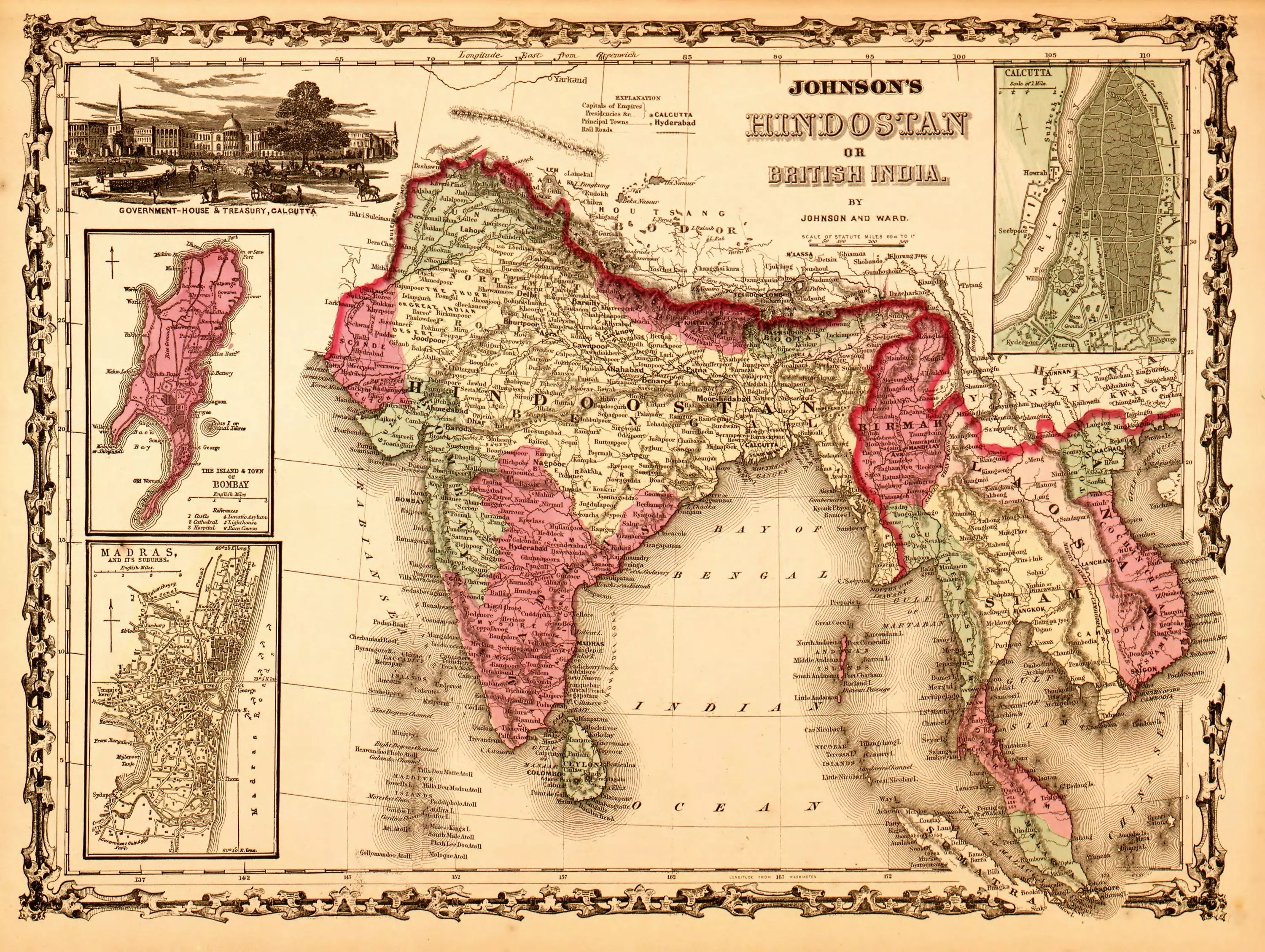 1862. aasta kaart näitas Briti valdusi Hindoostanis ehk Indias.