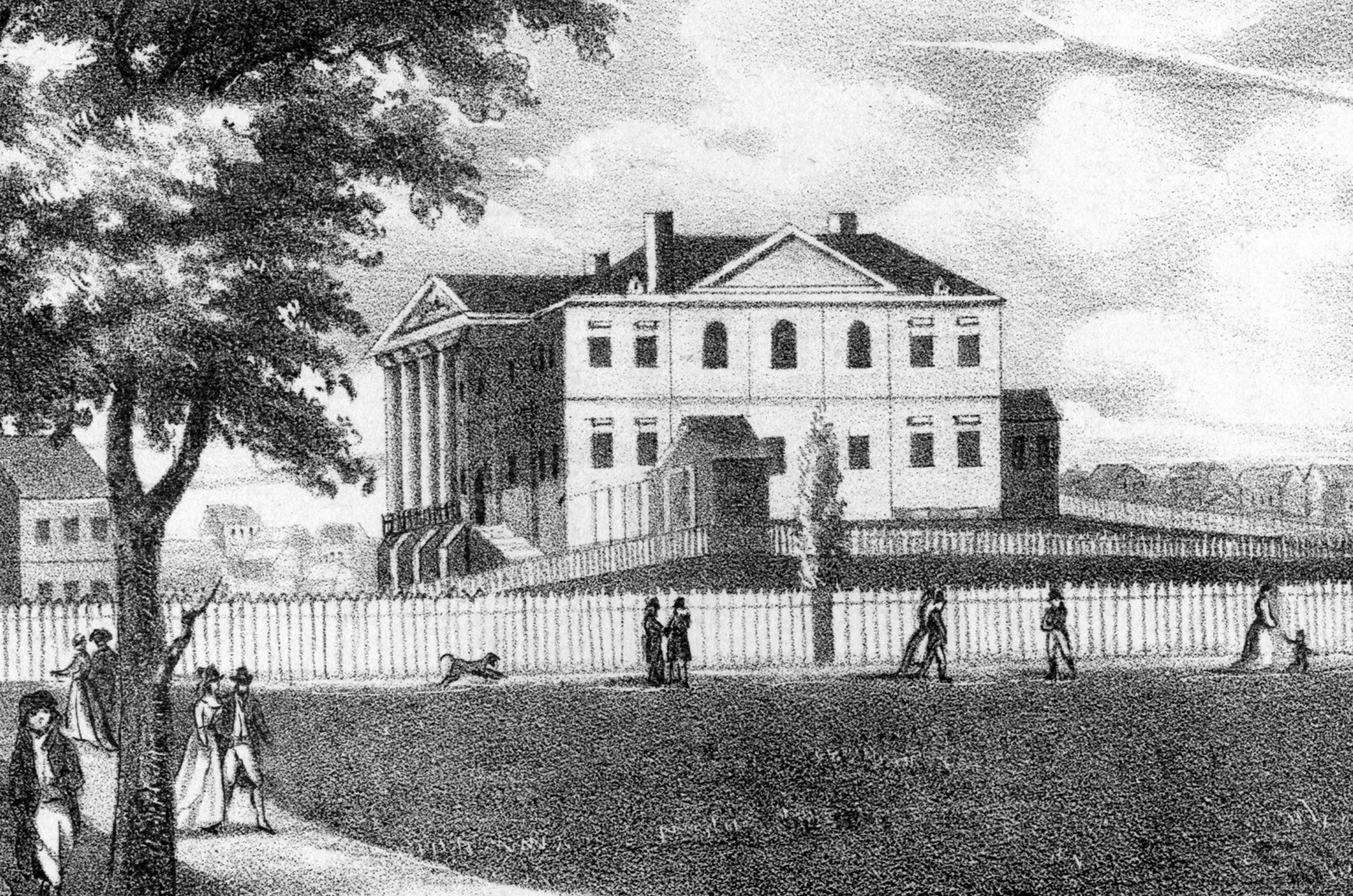 Eine Radierung von einem Gemälde, das das Government House in New York darstellt, das 1790 als Exekutivvilla für Präsident George Washington erbaut wurde