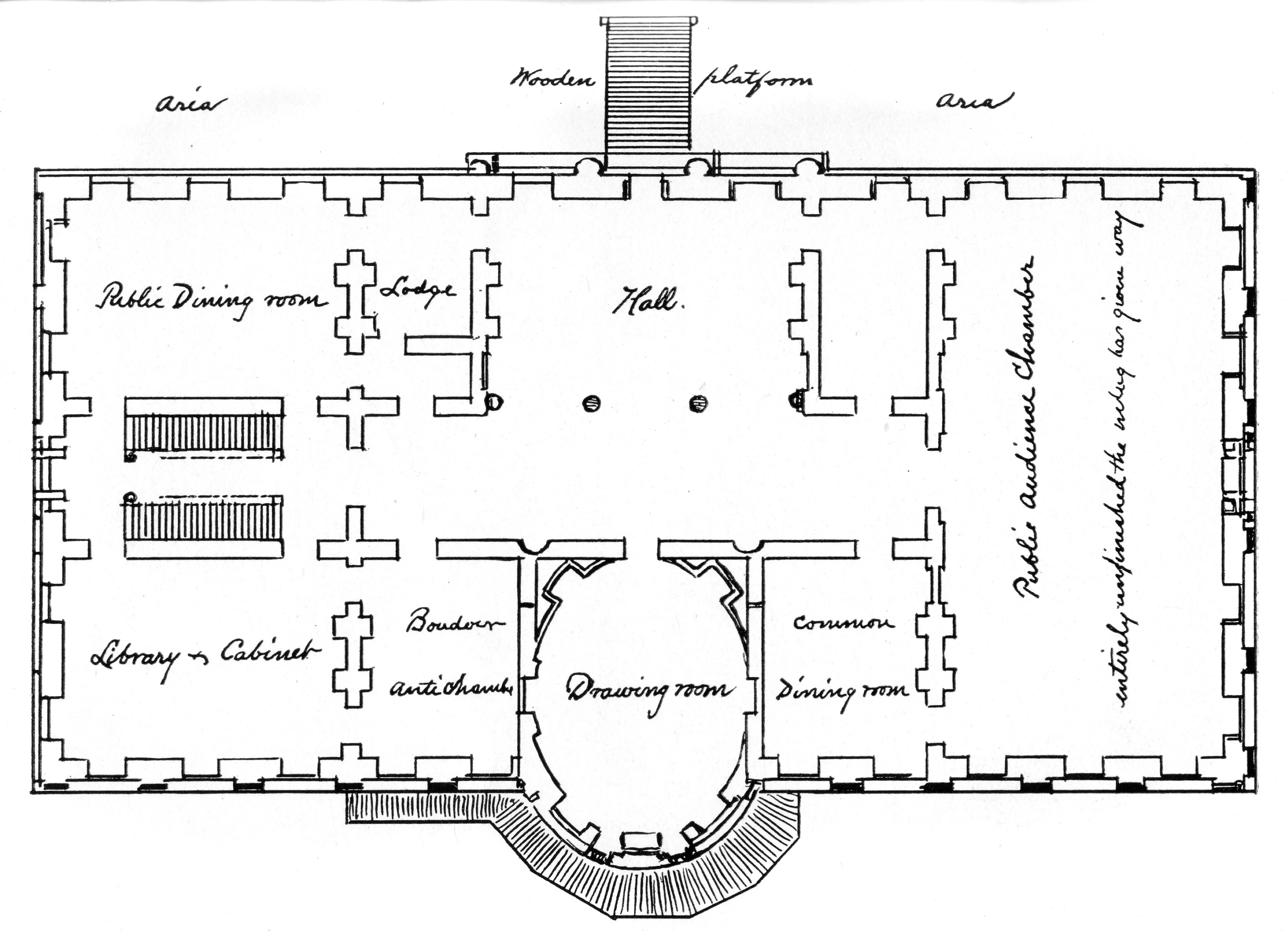 plattegrond met aanduiding van salon, hal, openbare eetzaal, bibliotheek en openbare audiëntiezaal