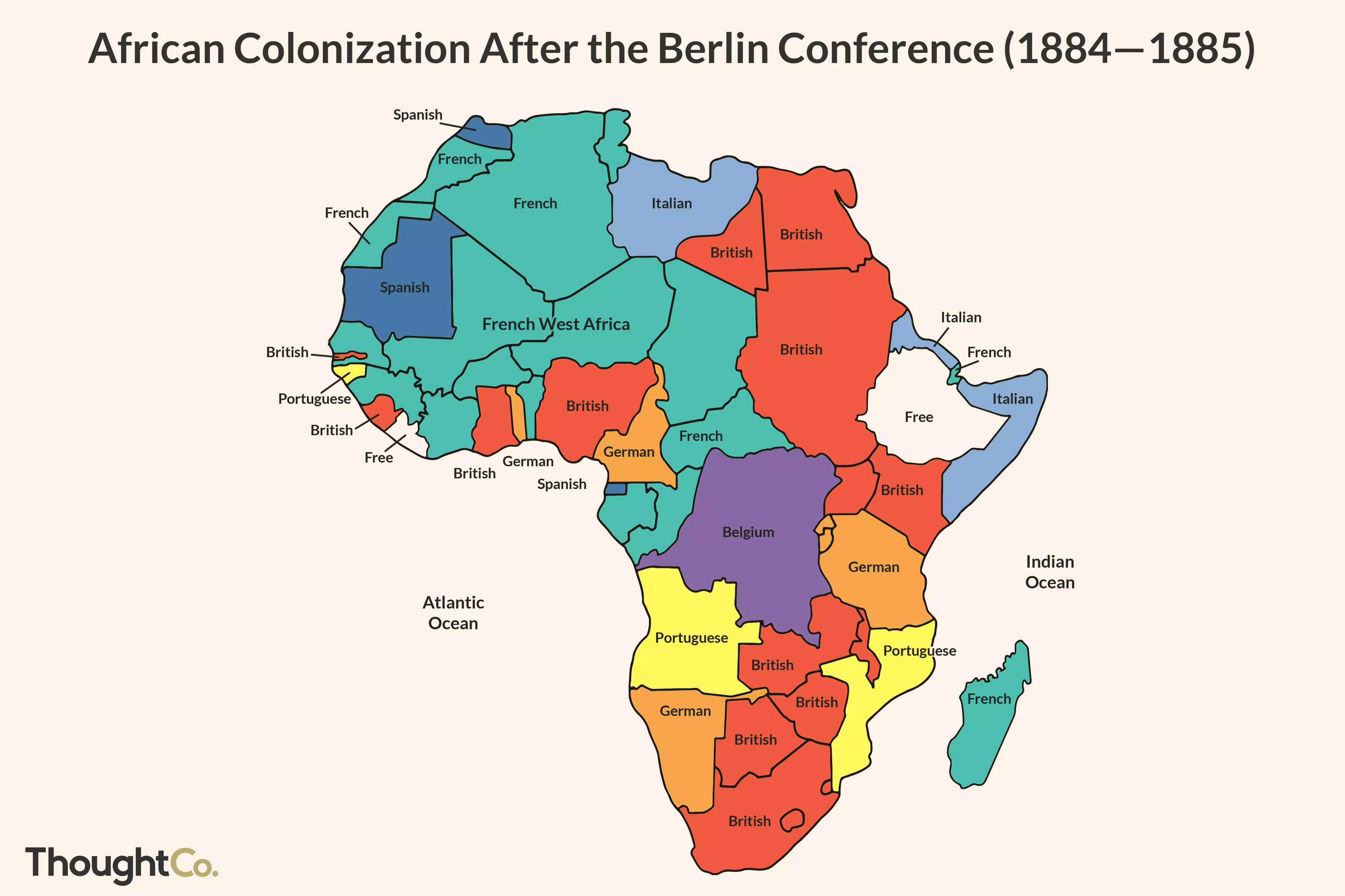 Kaart met de kolonisatie van Afrika na de Conferentie van Berlijn