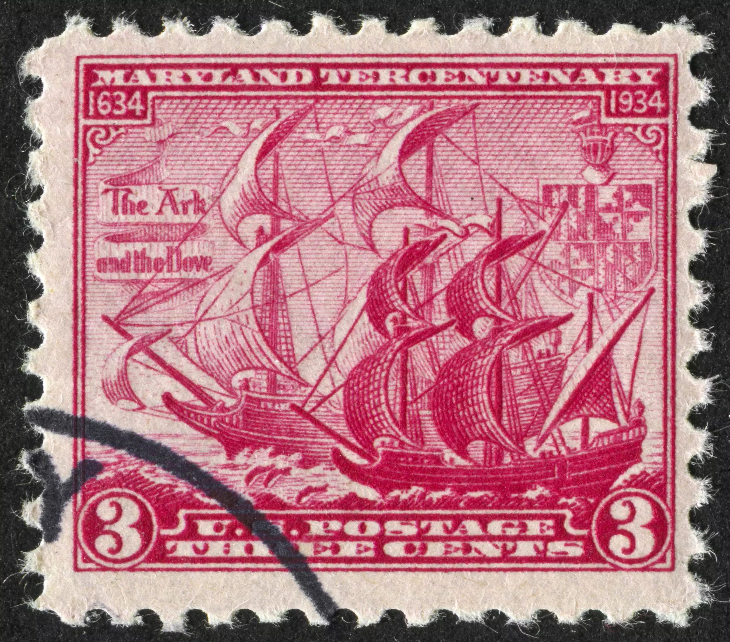 Zrušená známka Spojených států připomínající 300. výročí Marylandu, USA s archou a holubicí