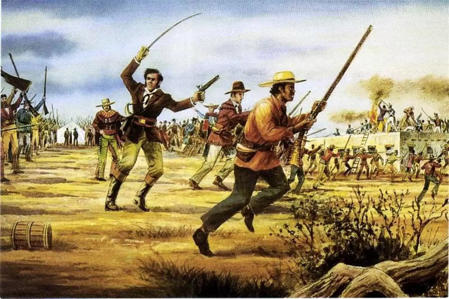 Một bức tranh tường mô tả Cuộc vây hãm San Antonio, với Hendrick Arnold ở phía trước