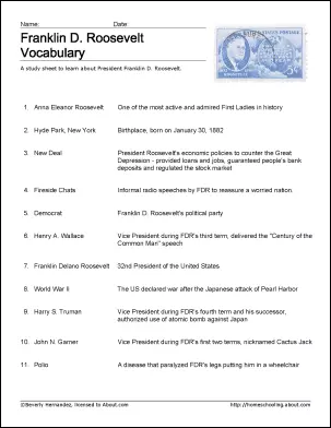 Franklin D. Roosevelt Vocabulary Study Sheet