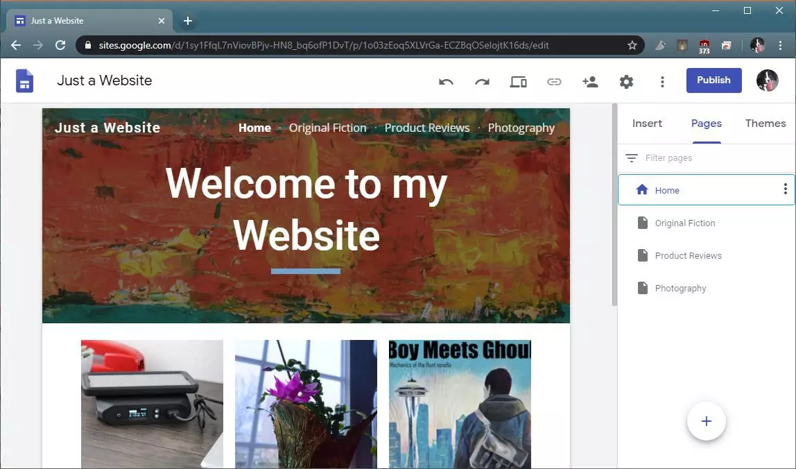 Snímka obrazovky webovej lokality Google Sites.