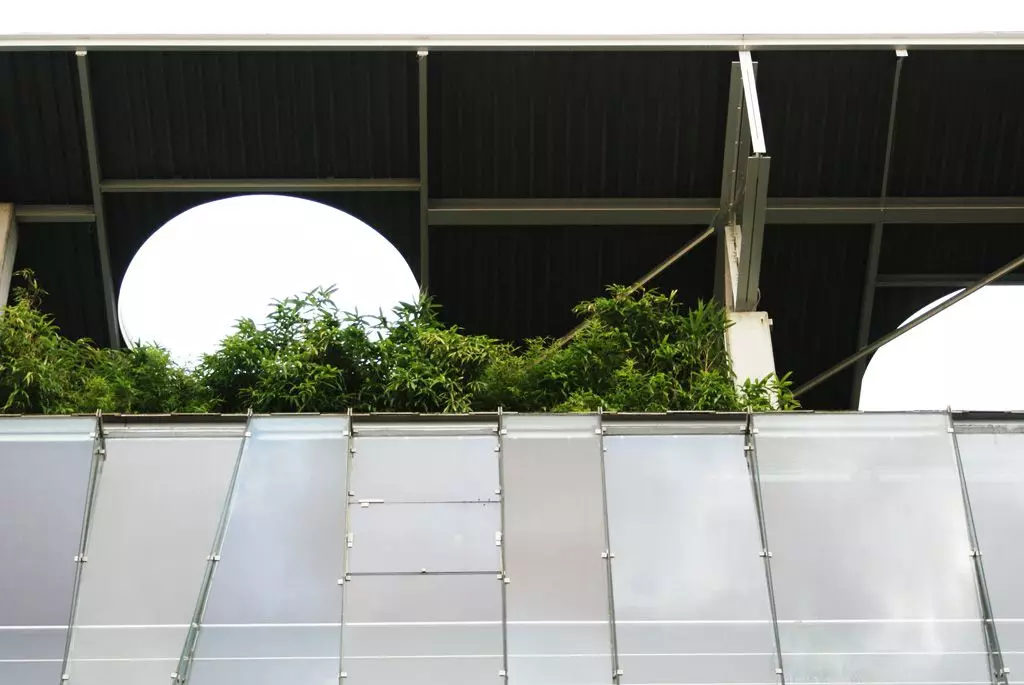 Detalj gornjeg eksterijera Lille Grand Palais, okrugle rupe na krovu iznad vegetacije