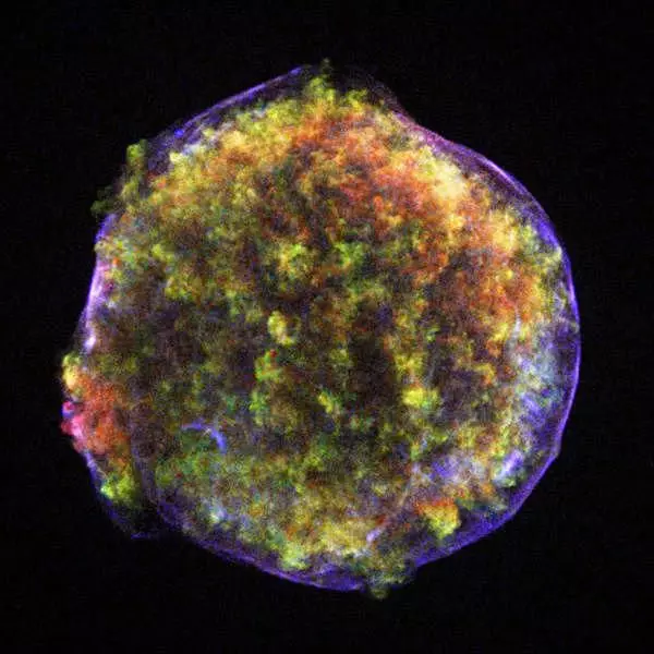 Ĉi tio estas falskolora rentgenbildo de la Supernova Restaĵo de Tycho.
