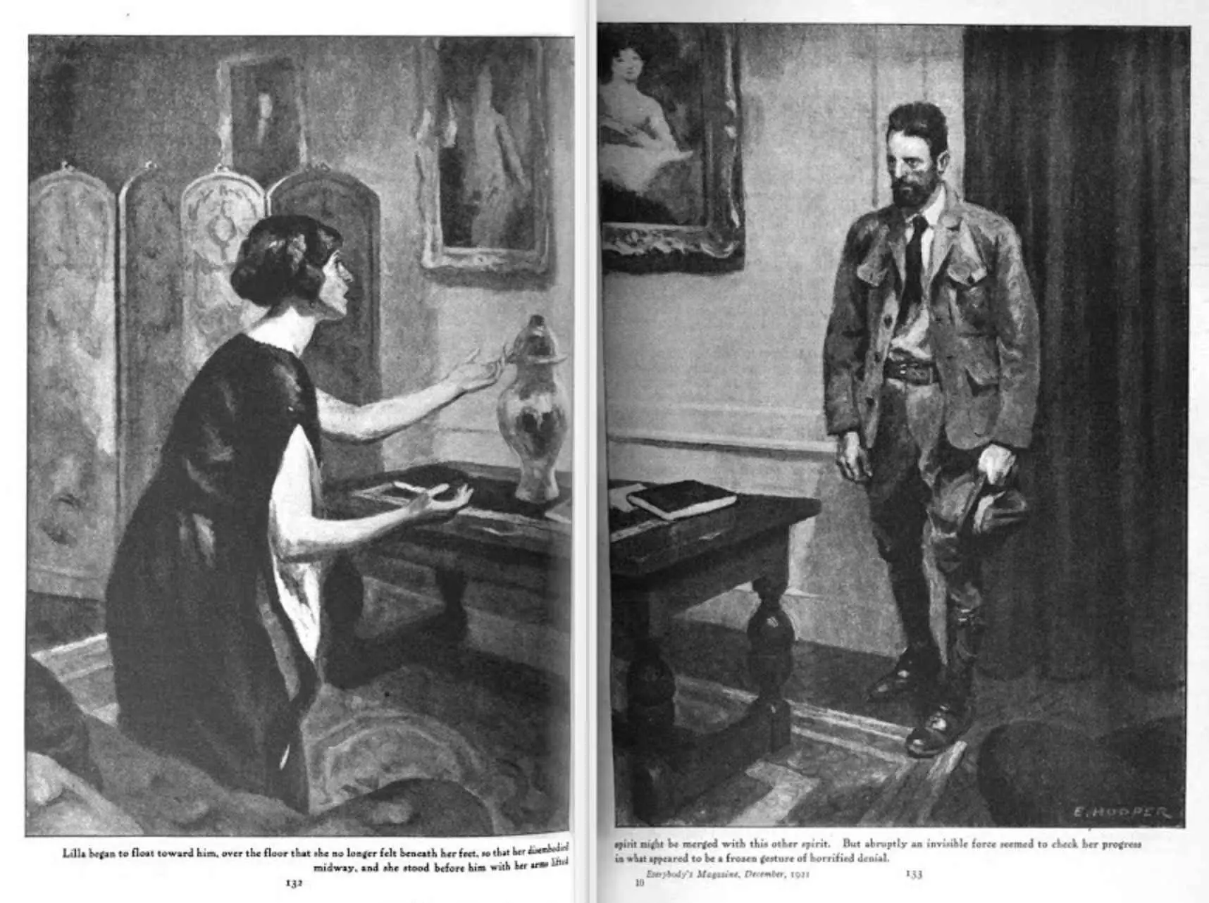 Svart-hvitt illustrasjon av en knelende kvinne og en soldat med bøyd hode.