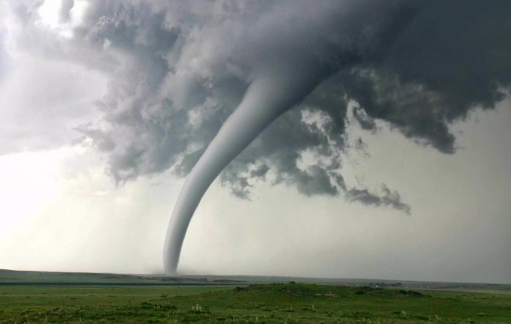 Tornado dotykające trawiastego pola.