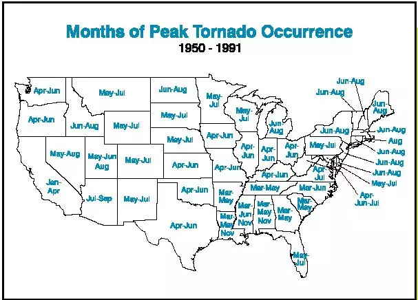 Meses máximos de tornados por estado