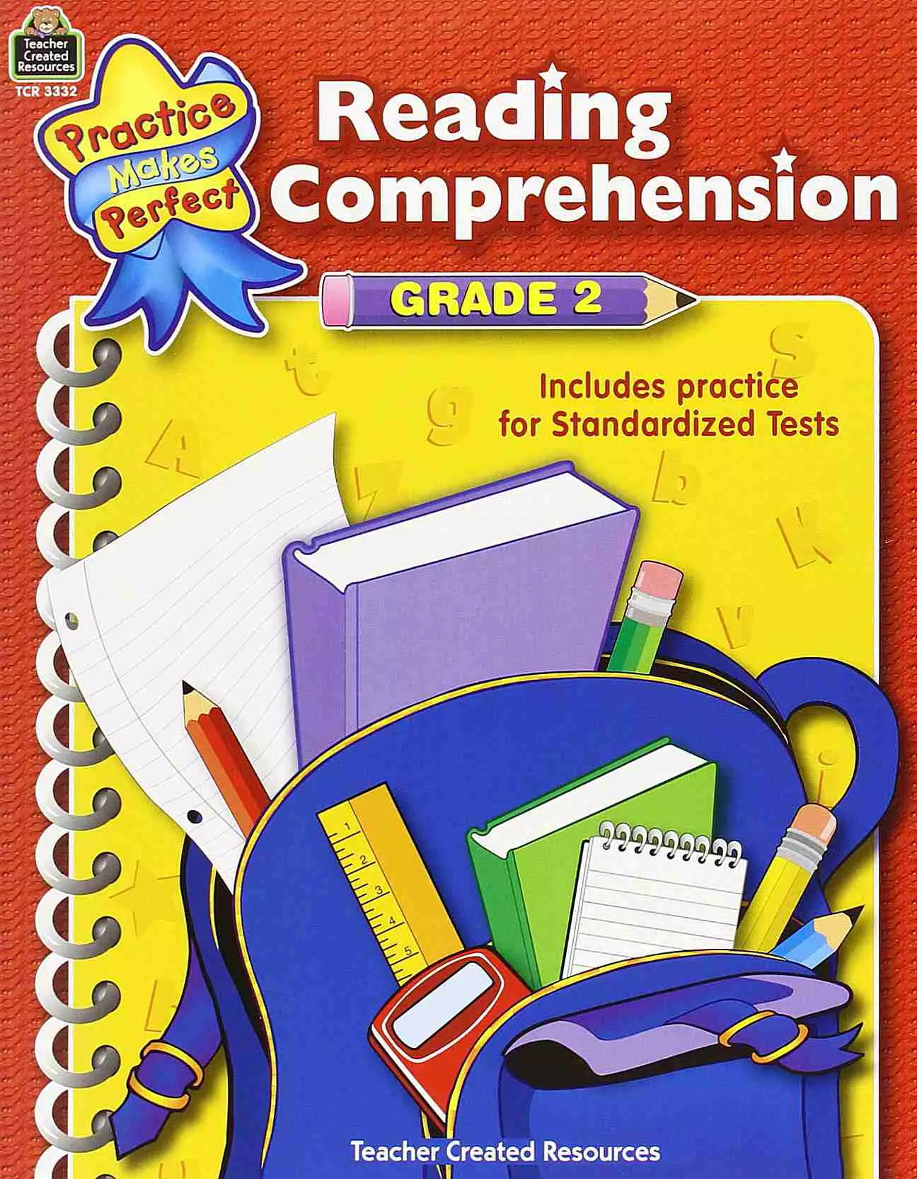 Ang pabalat ng Practice Makes Perfect Reading Comprehension Grade 2 ay nagpapakita ng isang backpack na umaapaw sa mga gamit sa paaralan