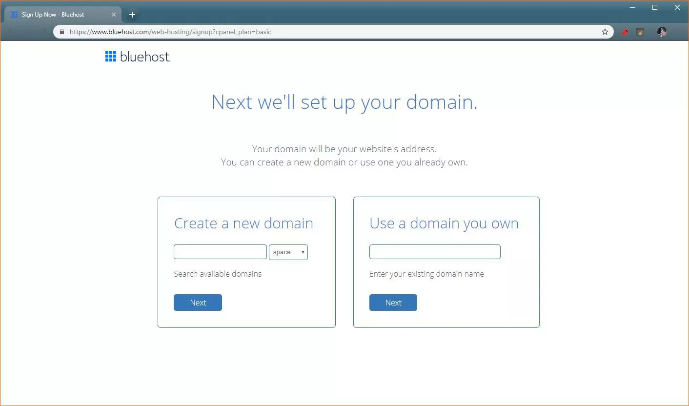 Snímka obrazovky bezplatného procesu výberu názvu domény na Bluehost.