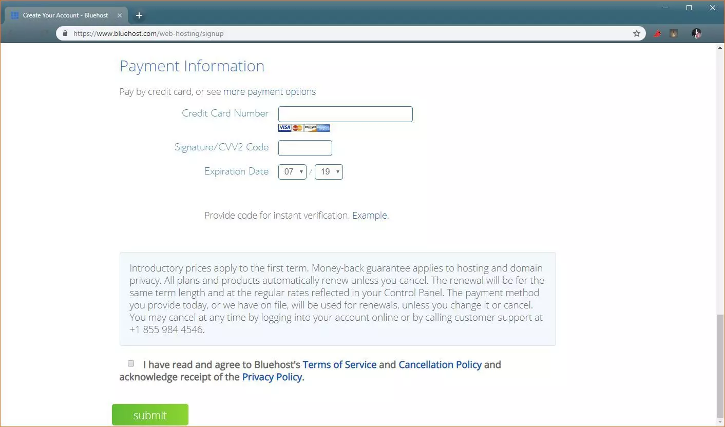 Слика од екранот на страницата за наплата на Bluehost.