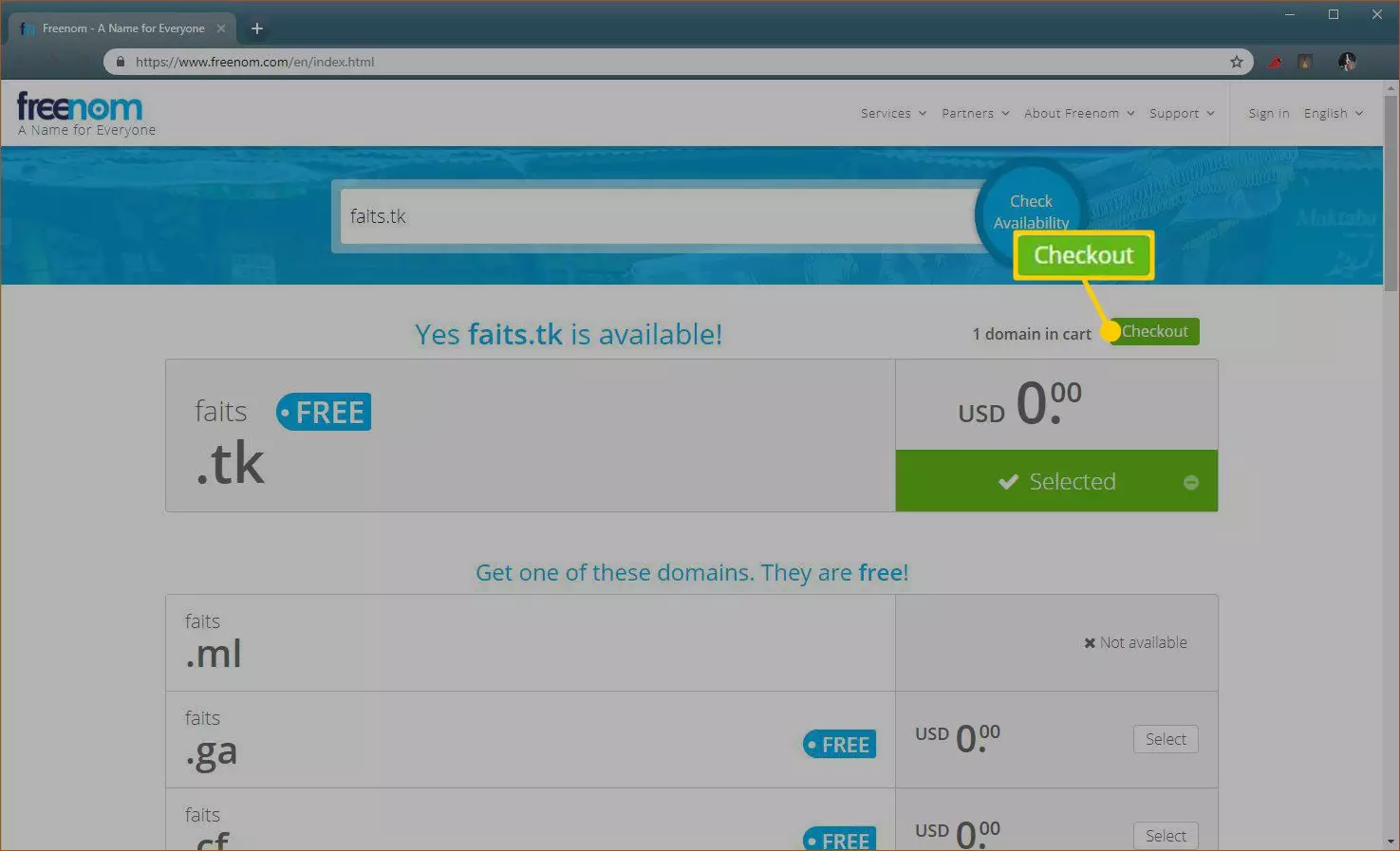 Слика од екранот на процесот на регистрација на доменот Freenom.
