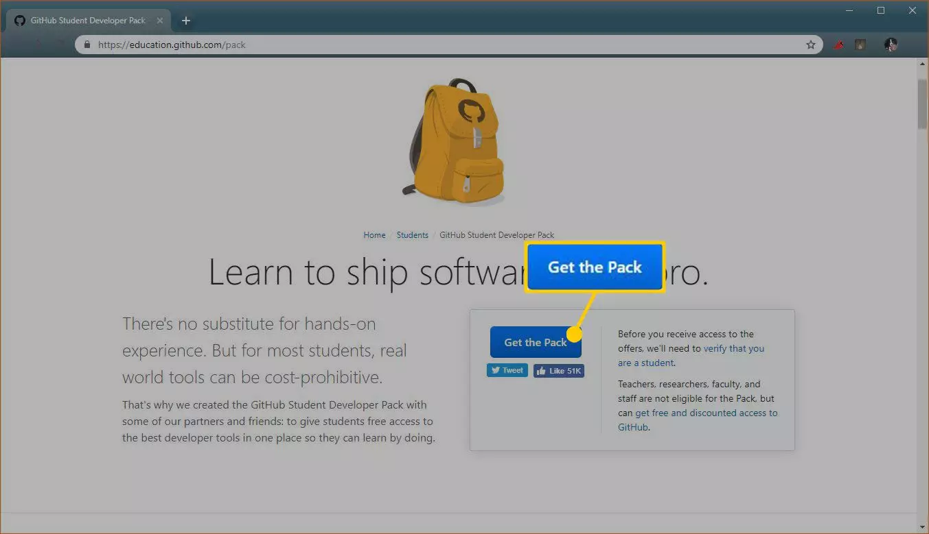 Екранна снимка на образователния пакет на GitHub.