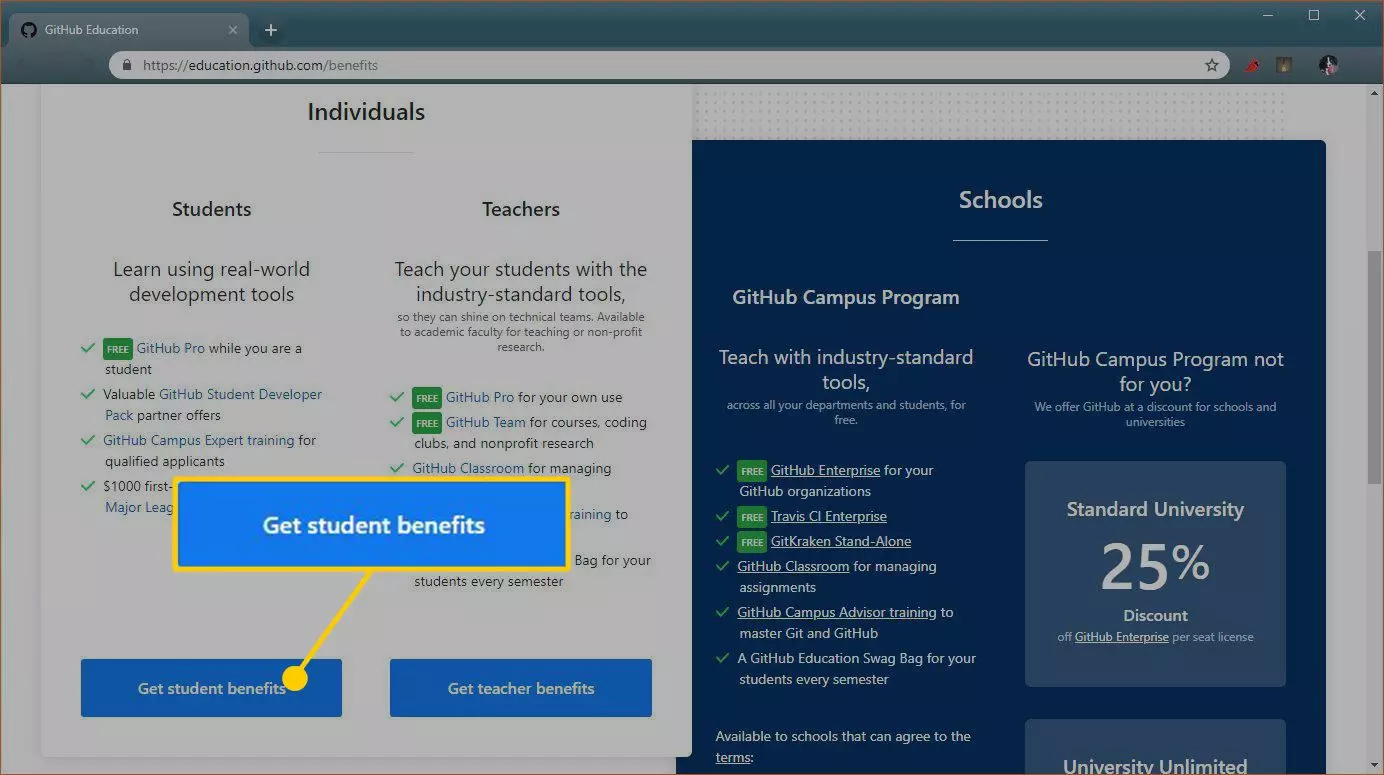 Ein Screenshot der GitHub-Anmeldeseite für Studentenvorteile.