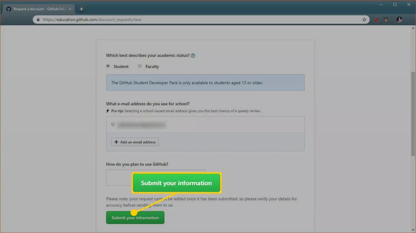 GitHub طالب علم کے فائدے کی درخواست فارم کا اسکرین شاٹ۔