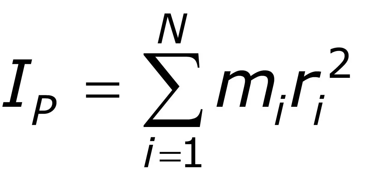 Ang I-sub-P ay katumbas ng kabuuan ng i mula 1 hanggang N ng dami ng m-sub-i beses r-sub-i squared