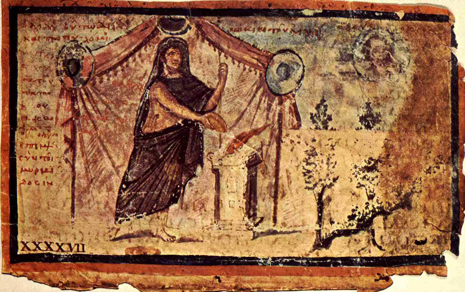 Kuva 47 Ambrosian Iliadista, Akhilleus uhraamassa Zeukselle Patrokloksen turvallisen paluun vuoksi, kuten Ilias-kirjassa 16. 220-252.