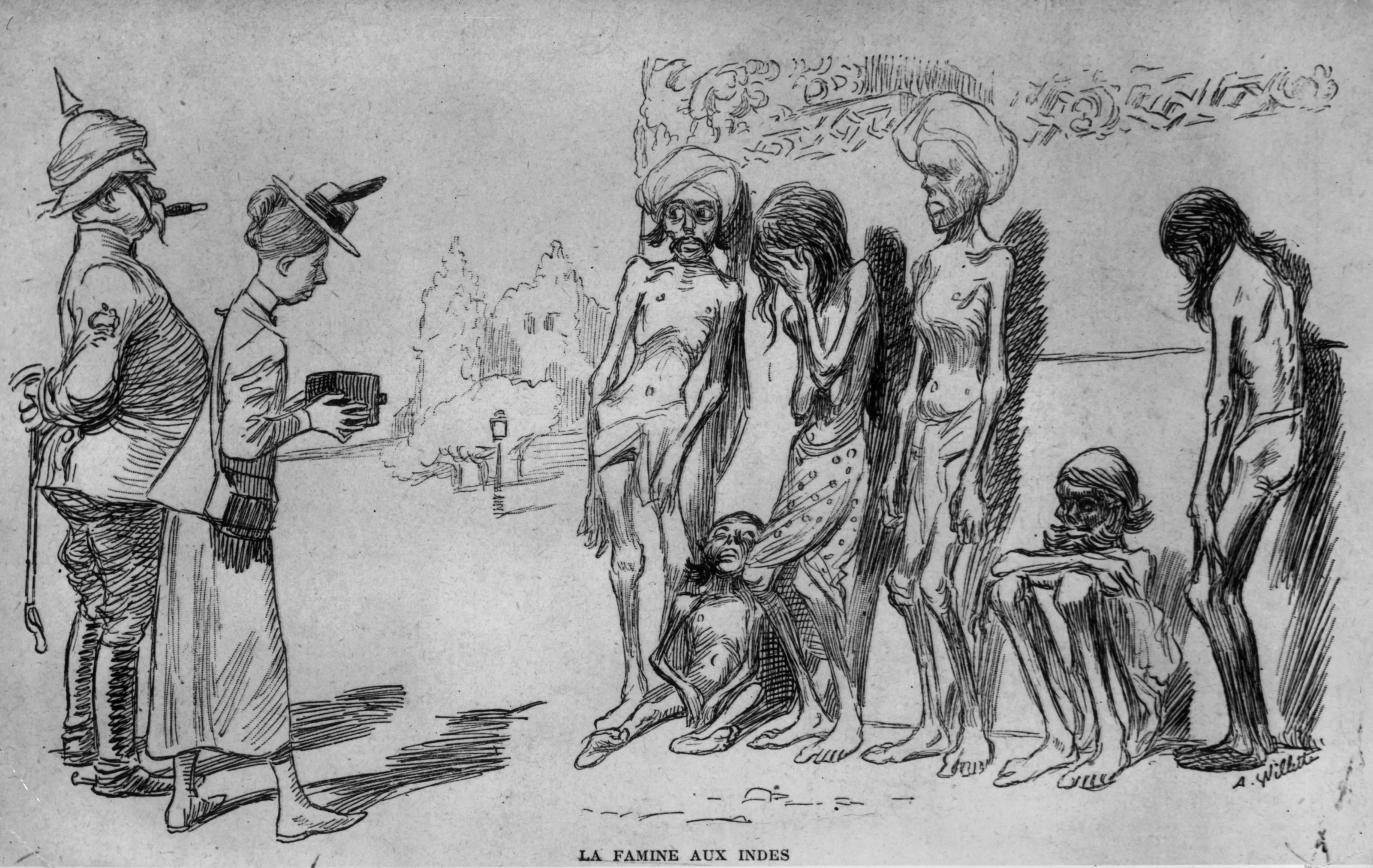 पर्यटक महिलाले आफ्नो क्यामेरामा भारतीय अनिकाल पीडितहरूको पीडा रेकर्ड गर्छिन्, सी। १९००