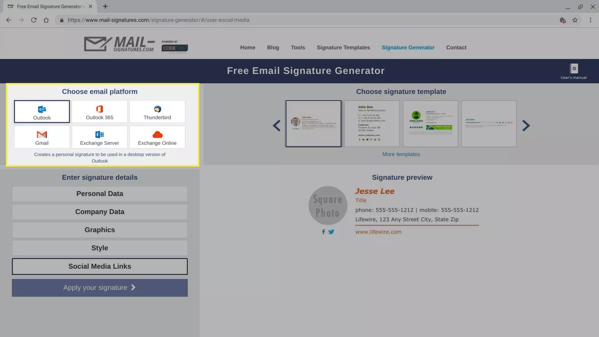 Opcije platforme e-pošte u Generatoru potpisa