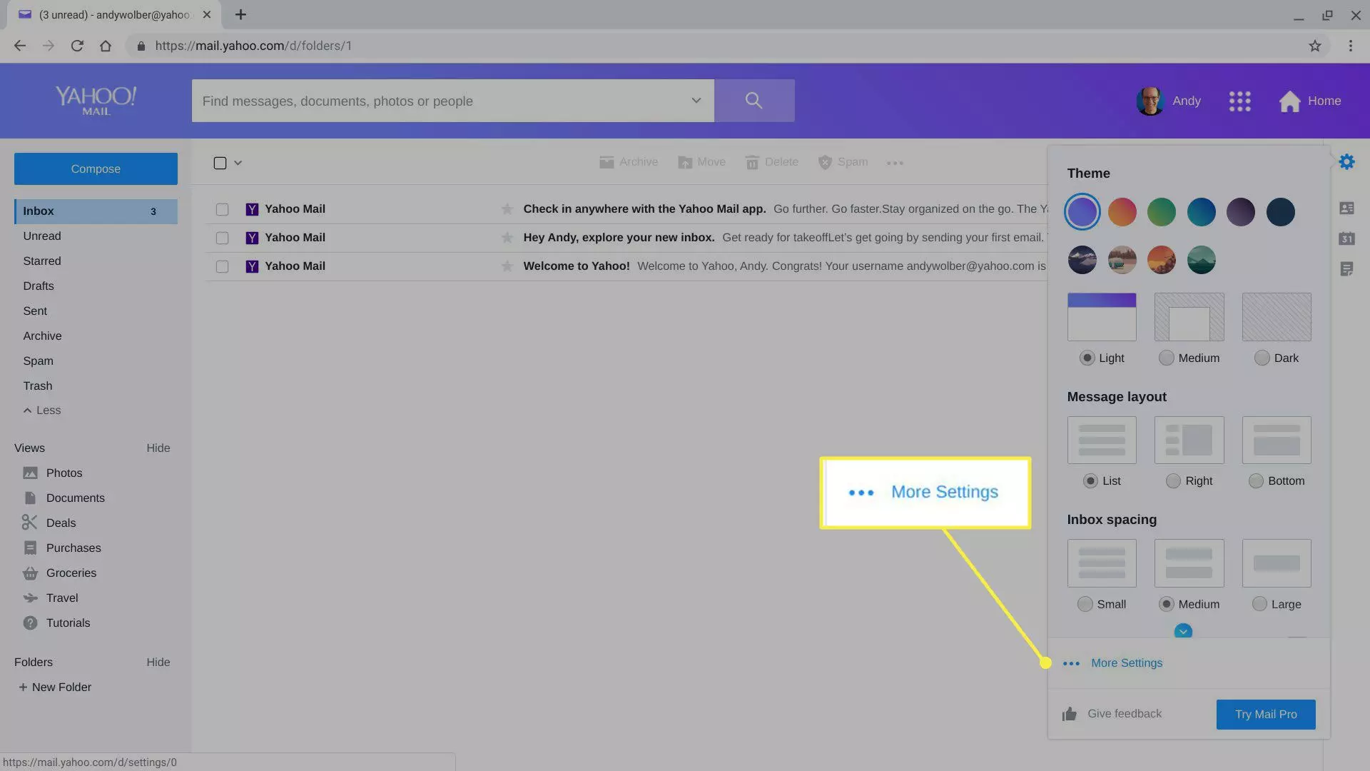 Дополнительные настройки в Yahoo Mail