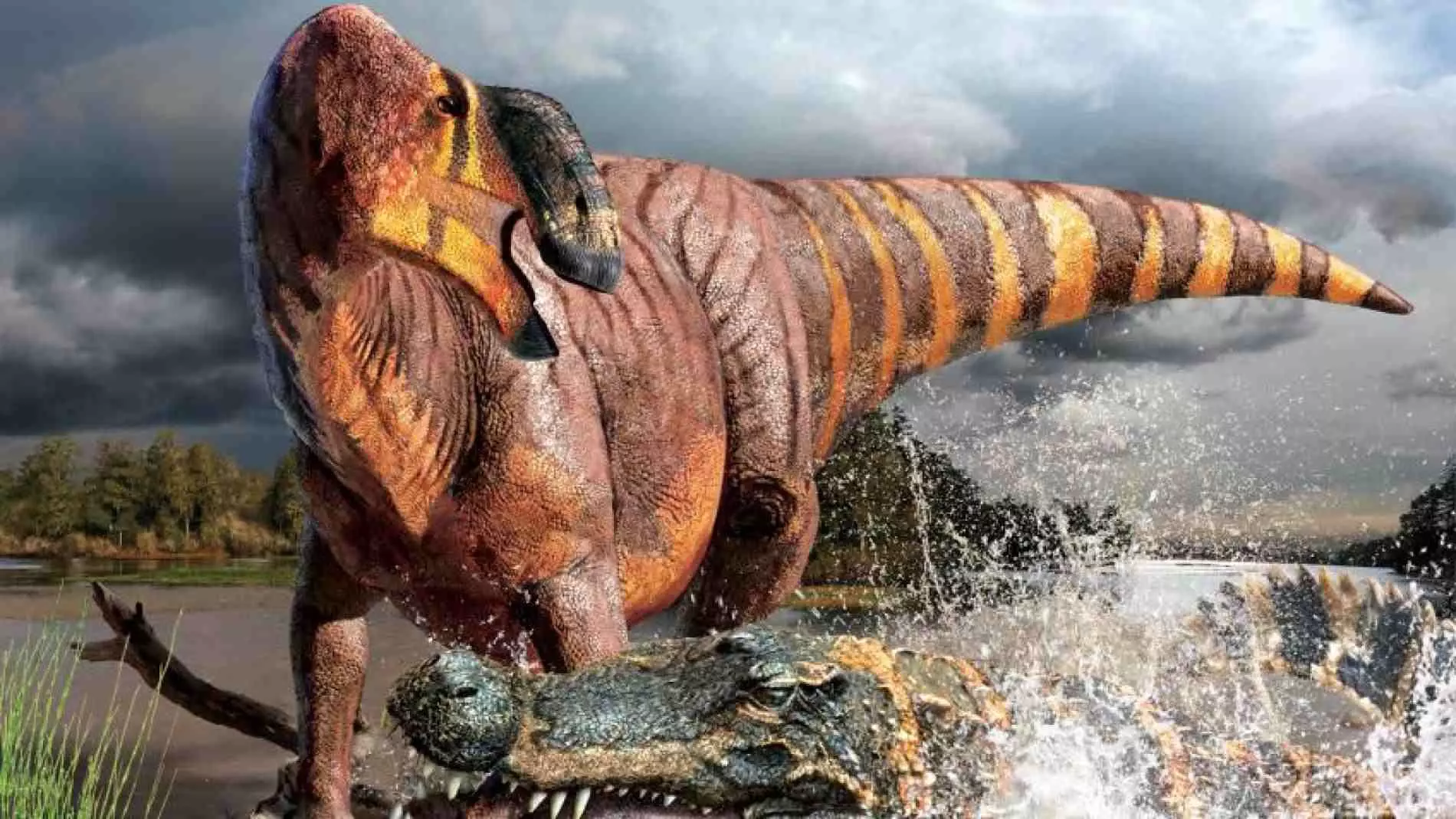 恐鱷攻擊犀牛的插圖