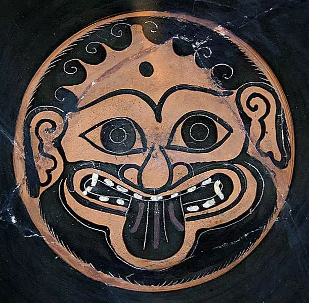 Gorgoneion. Bēniņu kauss ar melnu figūru, apm. 520 BC. No Cerveteri.