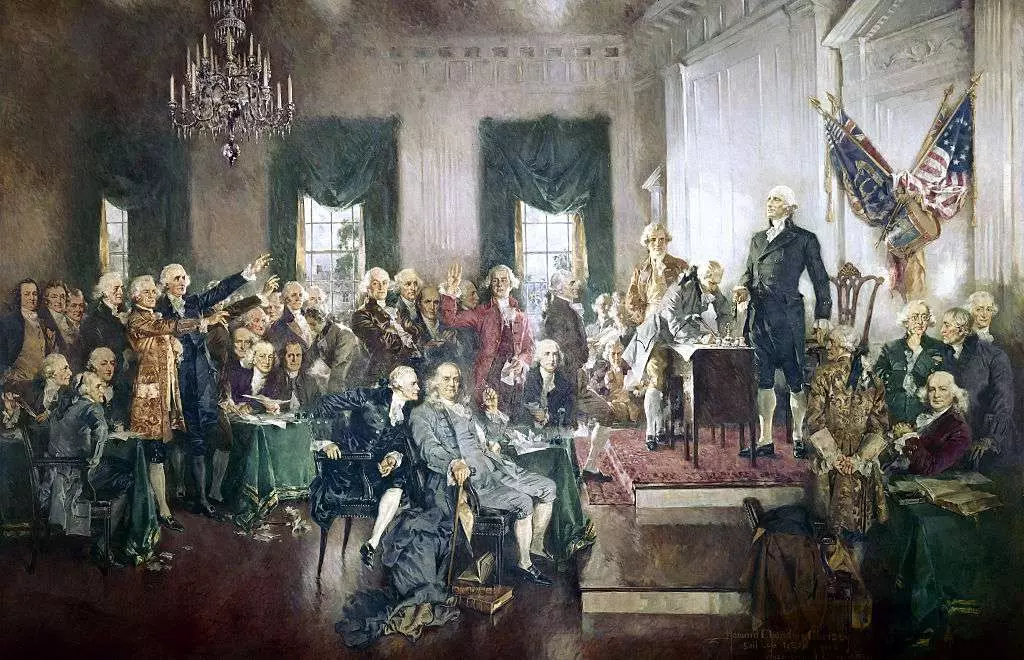 Die Unterzeichnung der Verfassung der Vereinigten Staaten mit George Washington, Benjamin Franklin und Thomas Jefferson auf dem Verfassungskonvent von 1787.