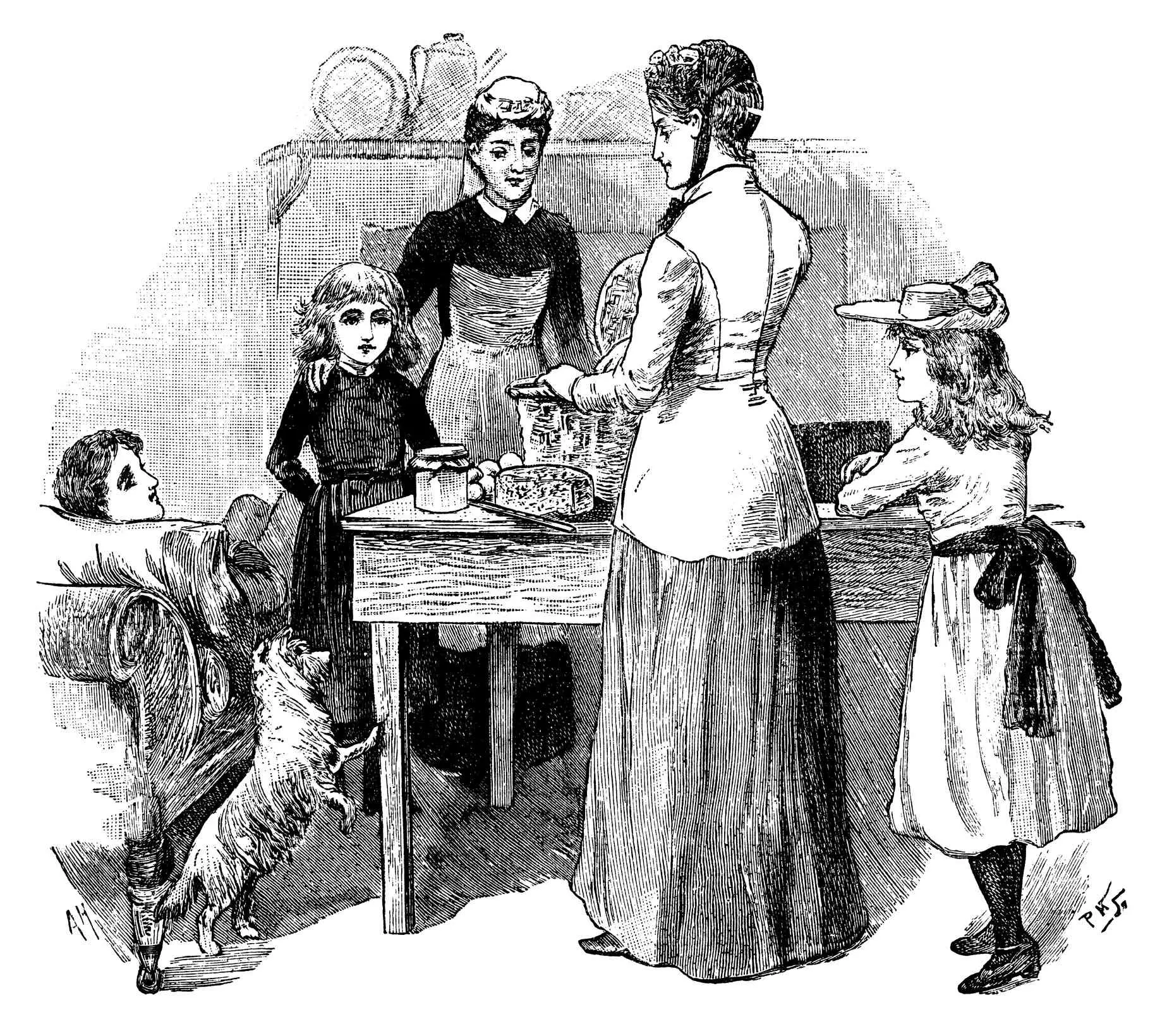Viktoriansk kvinne pakker ut kurven på kjøkkenet