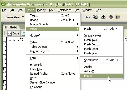 Capture d'écran de la façon d'insérer le plugin multimédia Dreamweaver