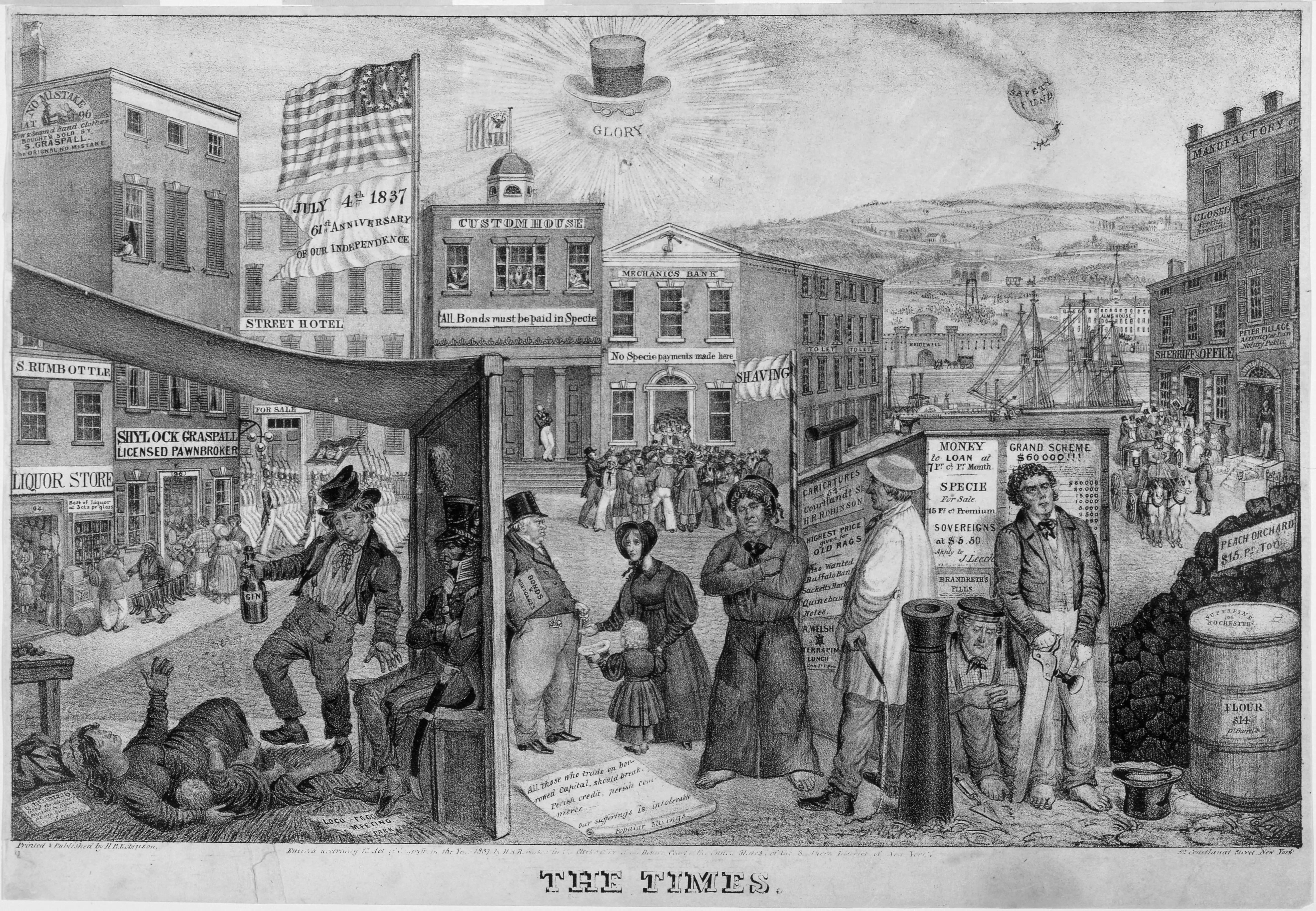 Цртеж со пенкало на Паниката од 1837 година на кој се прикажани мажи, жени и деца во американски град.