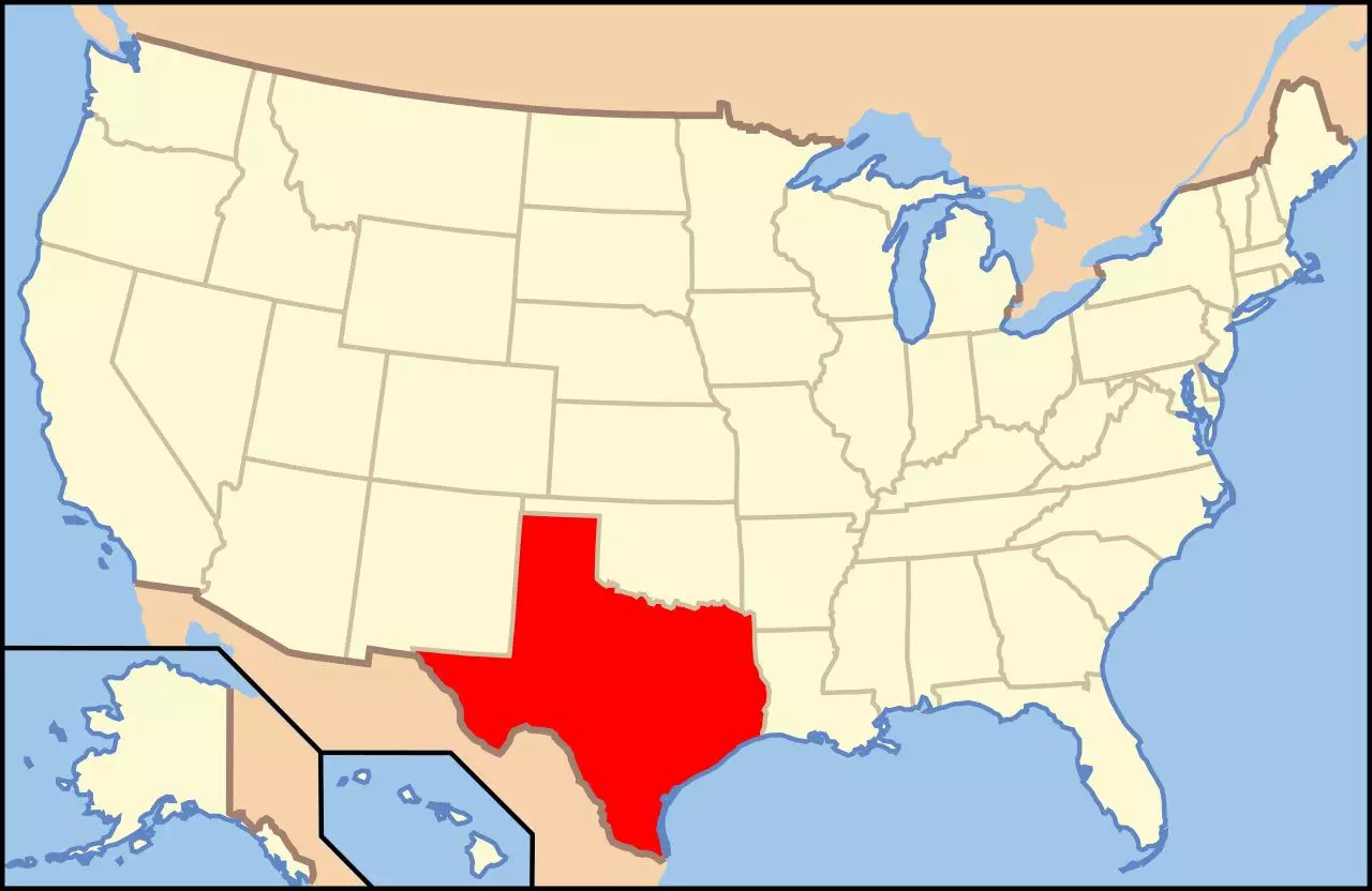 Mapa USA s Texasom zobrazeným hrubou červenou.