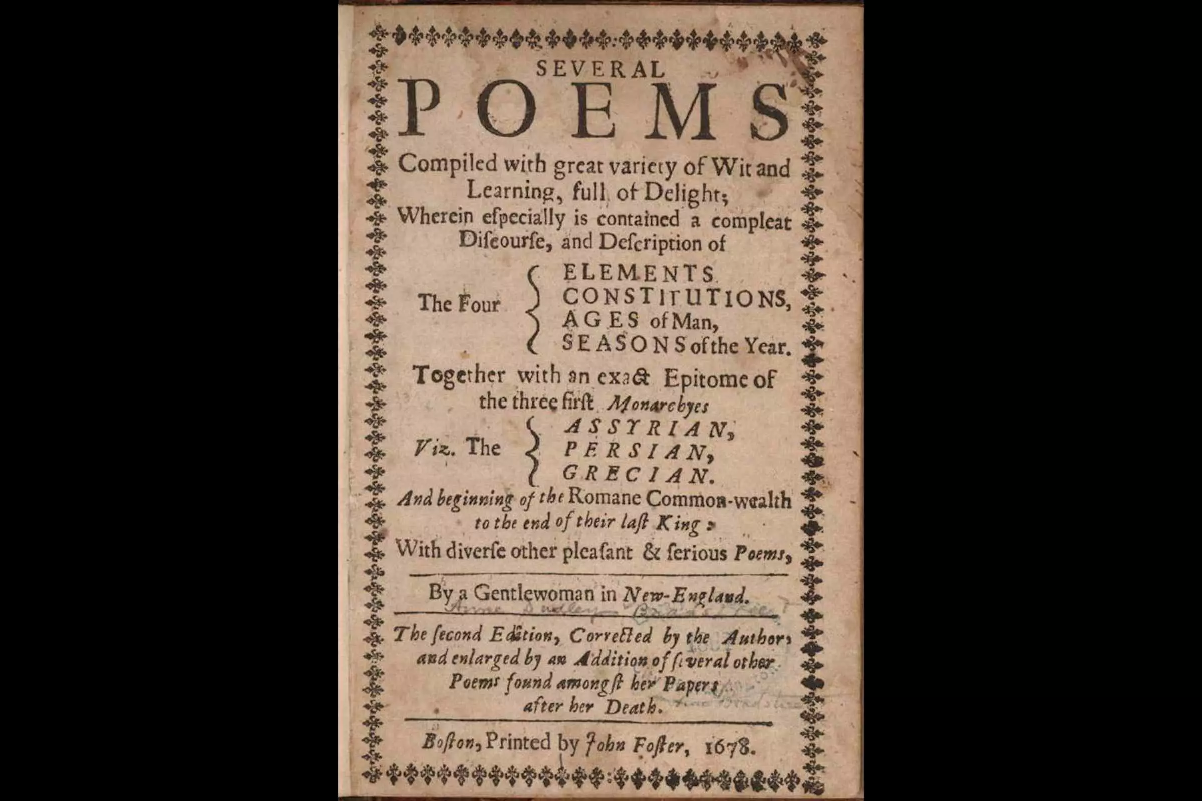 Naslovna stranica, drugo (posthumno) izdanje Bradstreetovih pjesama, 1678.