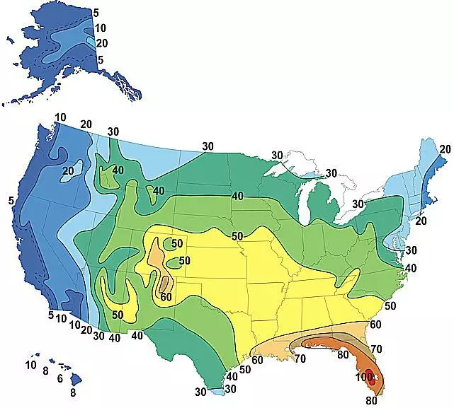 Un mapa que muestra el número promedio de días de tormenta cada año en los EE. UU. (2010)