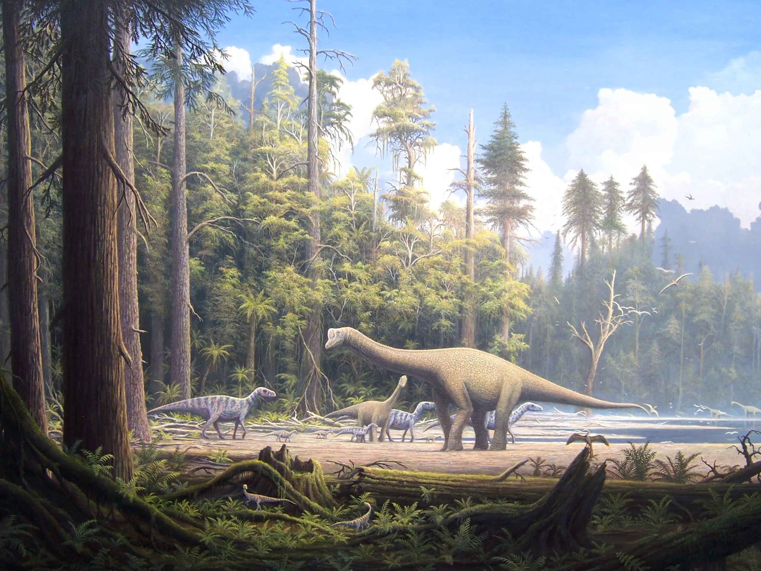 Brachiosaurus en verskeie ander dinosourusse in 'n Jurassic landskap tekening.