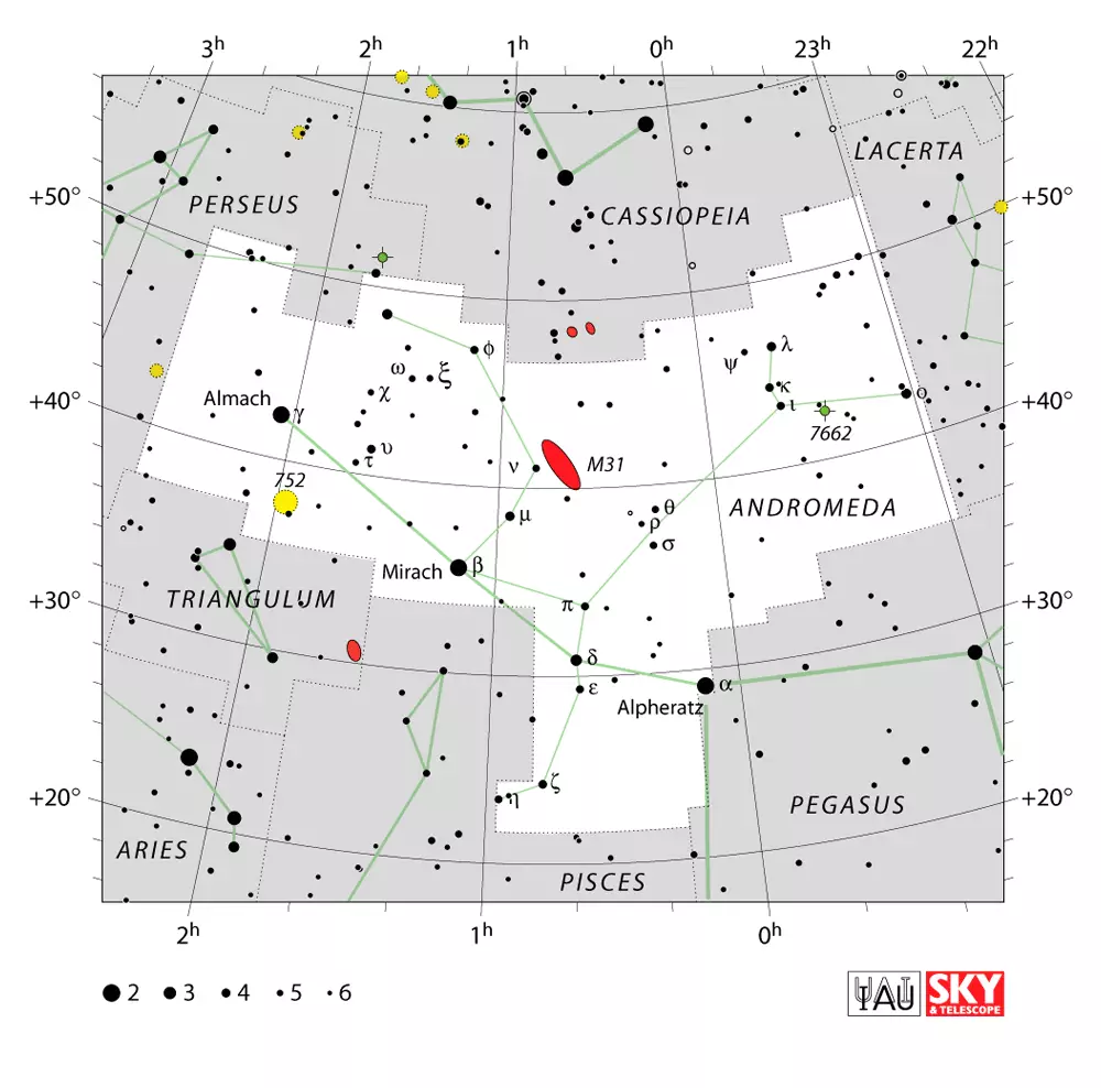 Andromeda takımyıldızını gösteren IAU grafiği.