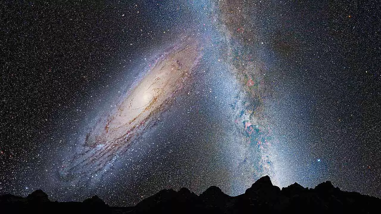 Andromeda en de Melkweg botsen, gezien vanaf het oppervlak van een planeet in onze melkweg.