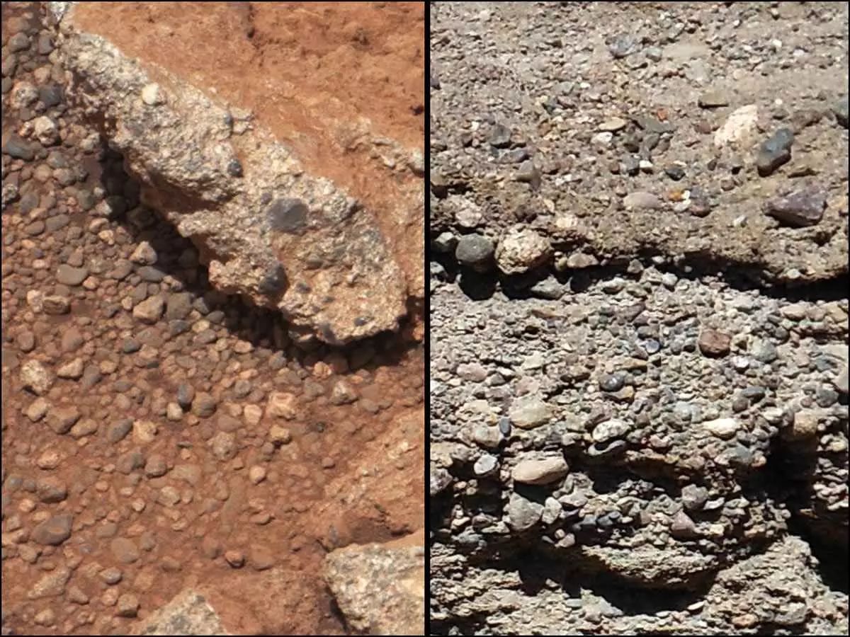 Конгломерат на Марсі (ліворуч) у порівнянні з конгломератом на Землі (праворуч).