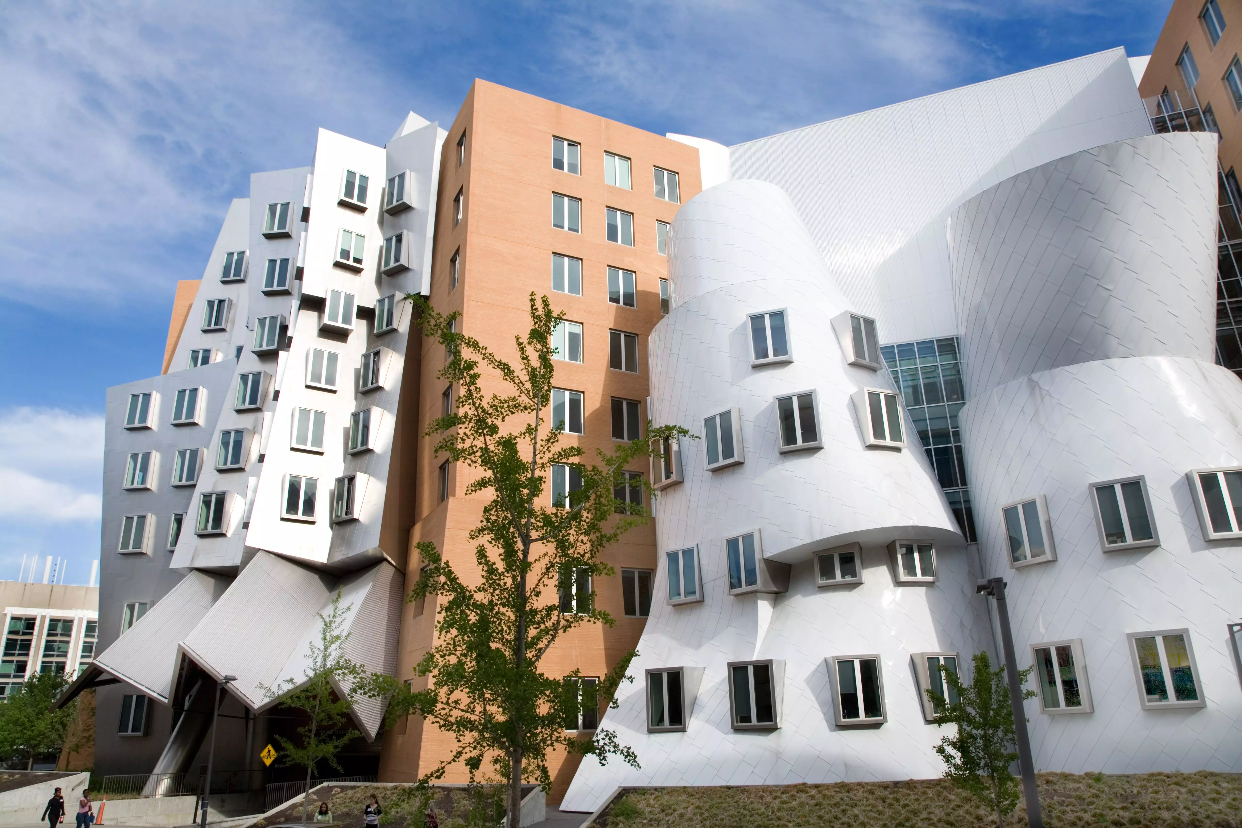 De Ray a Maria Stata Center, entworf vum Frank Gehry, ass en ongewéinleche Jumble vu lëschte Gebaier. Den Zentrum huet dräi Departementer