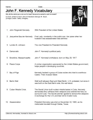 John F. Kennedy Vocabulary Study Sheet