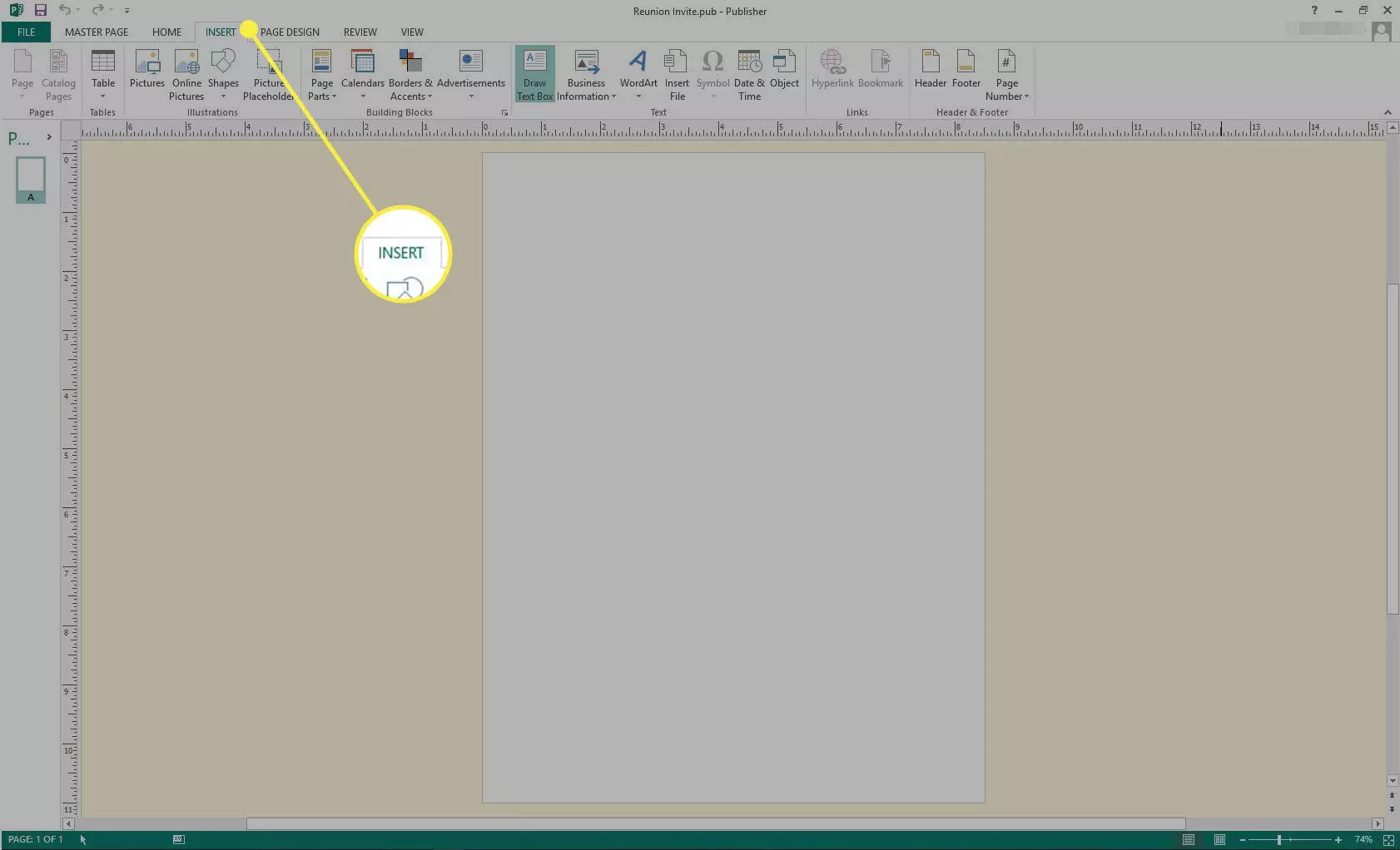 E Screenshot vu Microsoft Publisher mat der Insert Tab markéiert