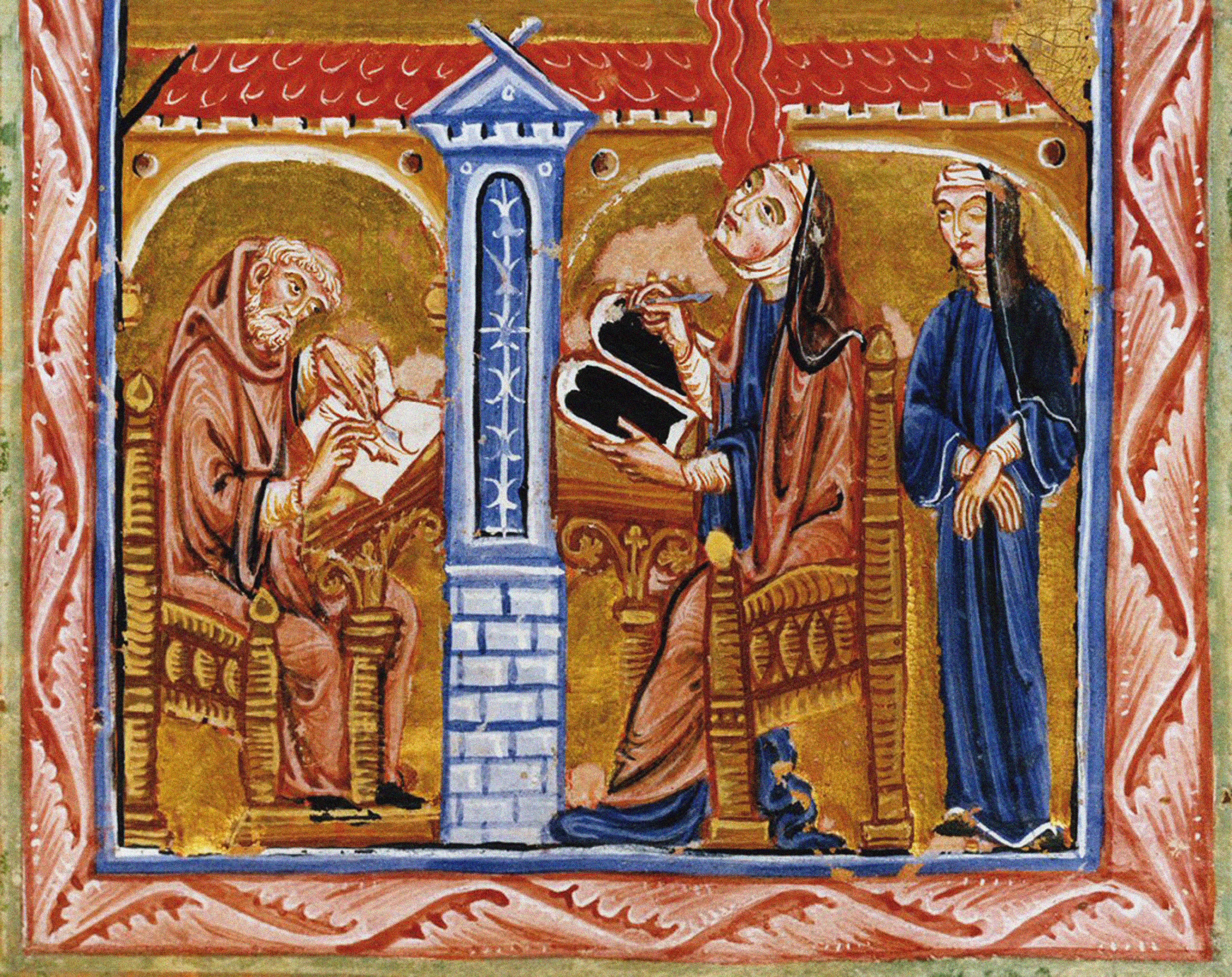 Hildegarda dostáva víziu; s tajomníkom Volmarom a dôverníčkou Richardisovou