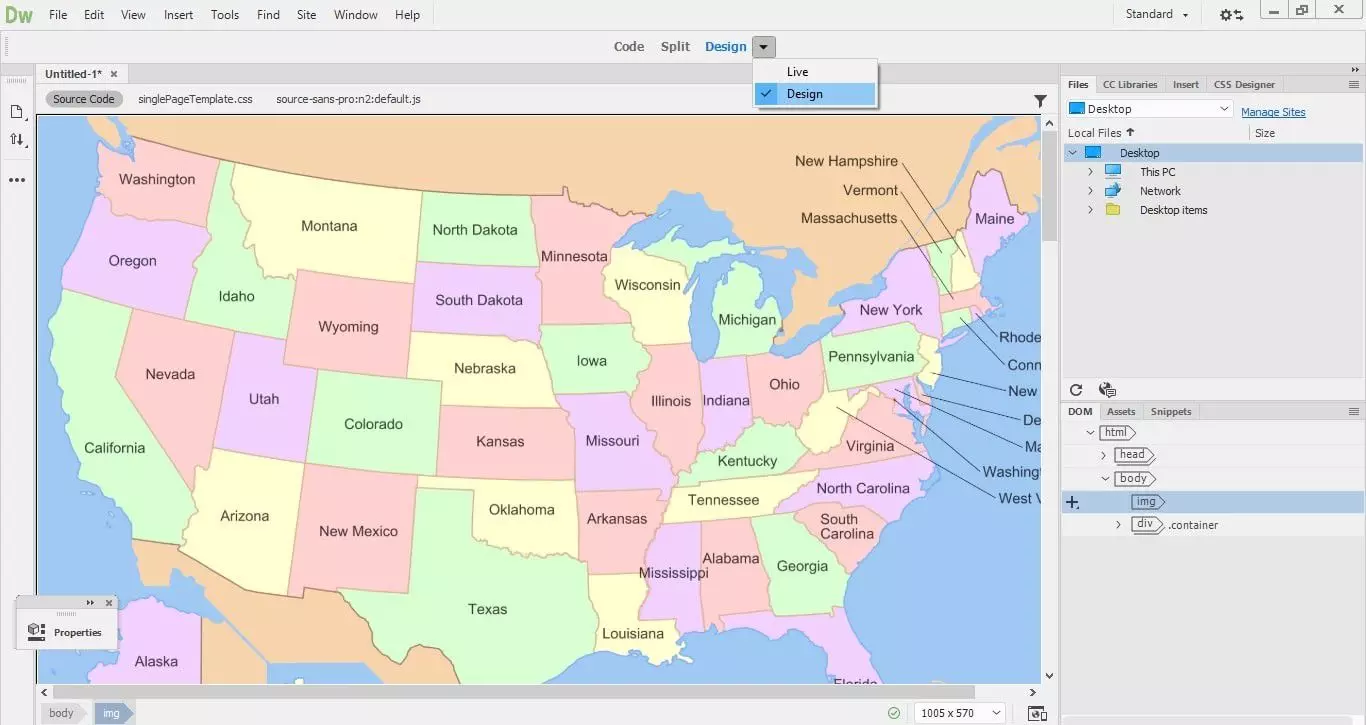 Adobe Dreamweaver의 디자인 보기에서 미국 지도