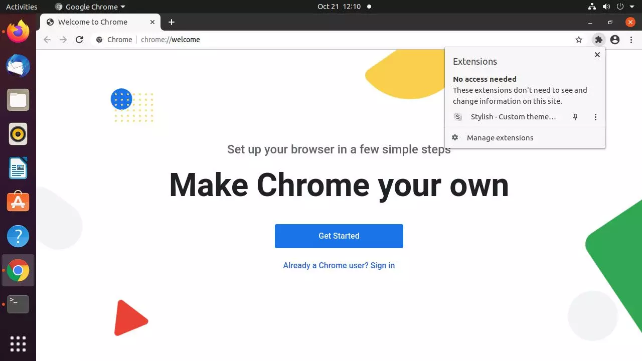 Menu ng extension ng Google Chrome