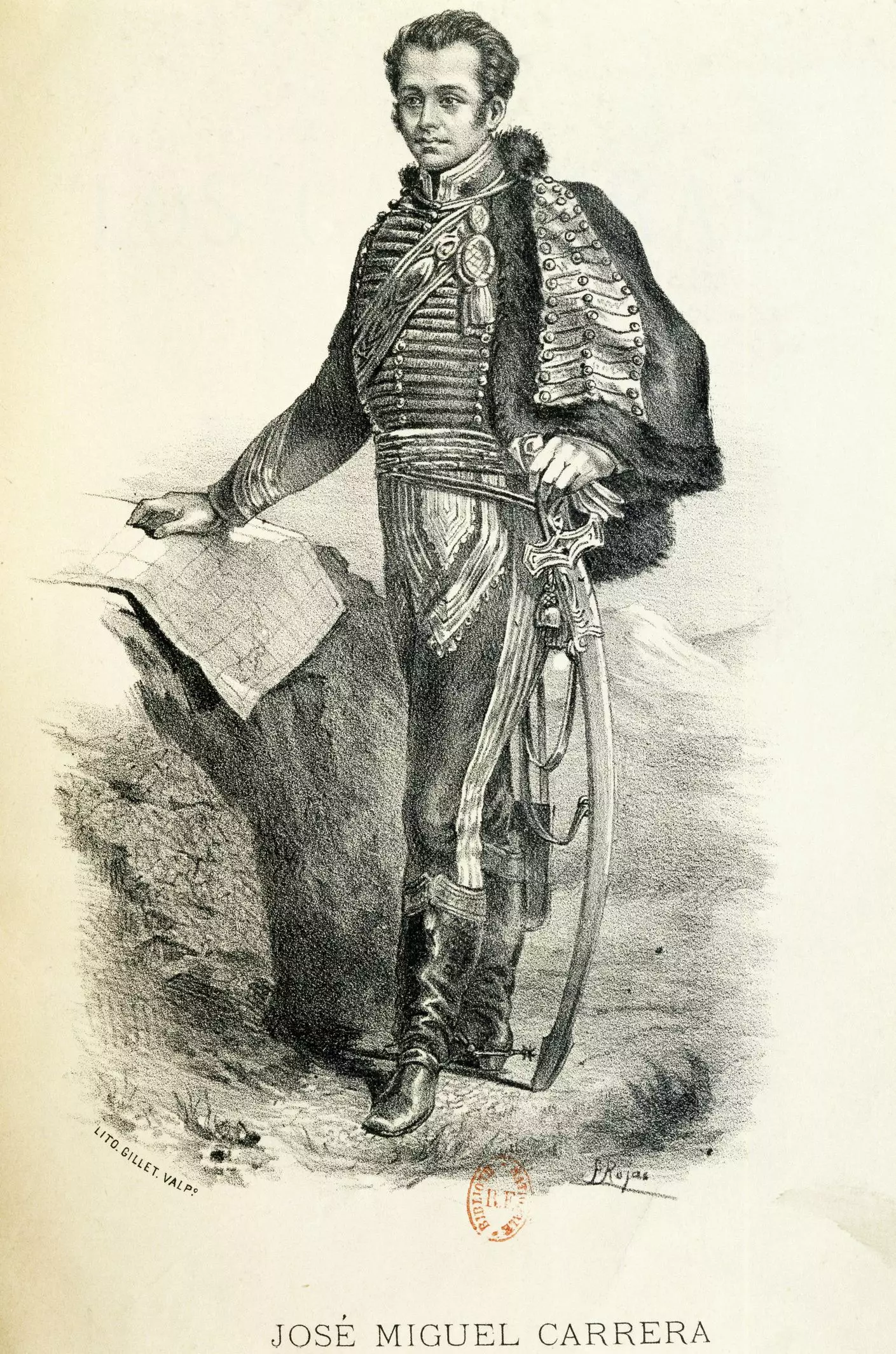 Jose Miguel Carrera (1785-1821), טשילעאַן גענעראַל און פּאַטריאָט, ינגרייווינג. טשילע, 19טן יאָרהונדערט.