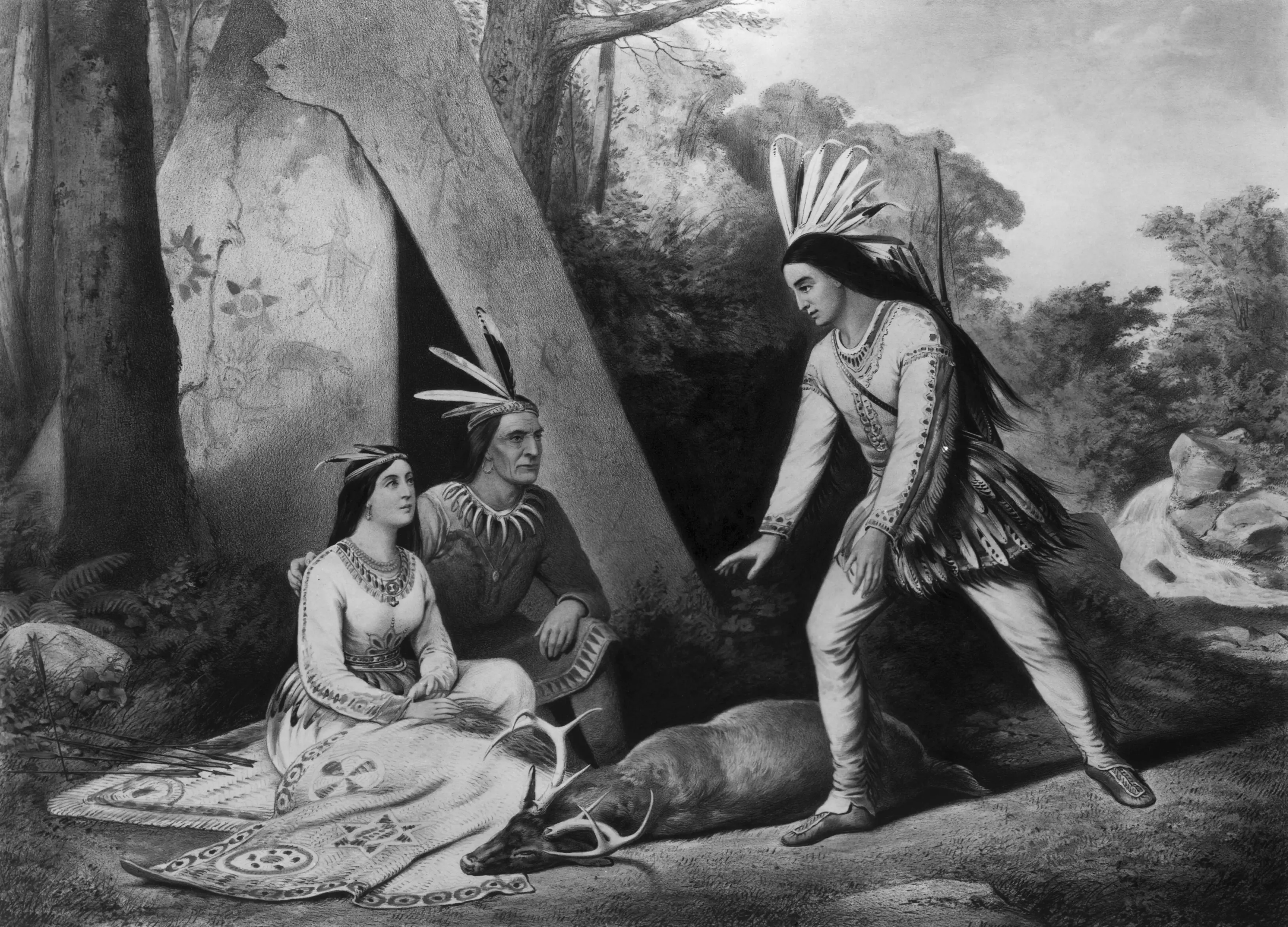 Wooing of Hiawatha - Currier og Ives byggt á Longfellow