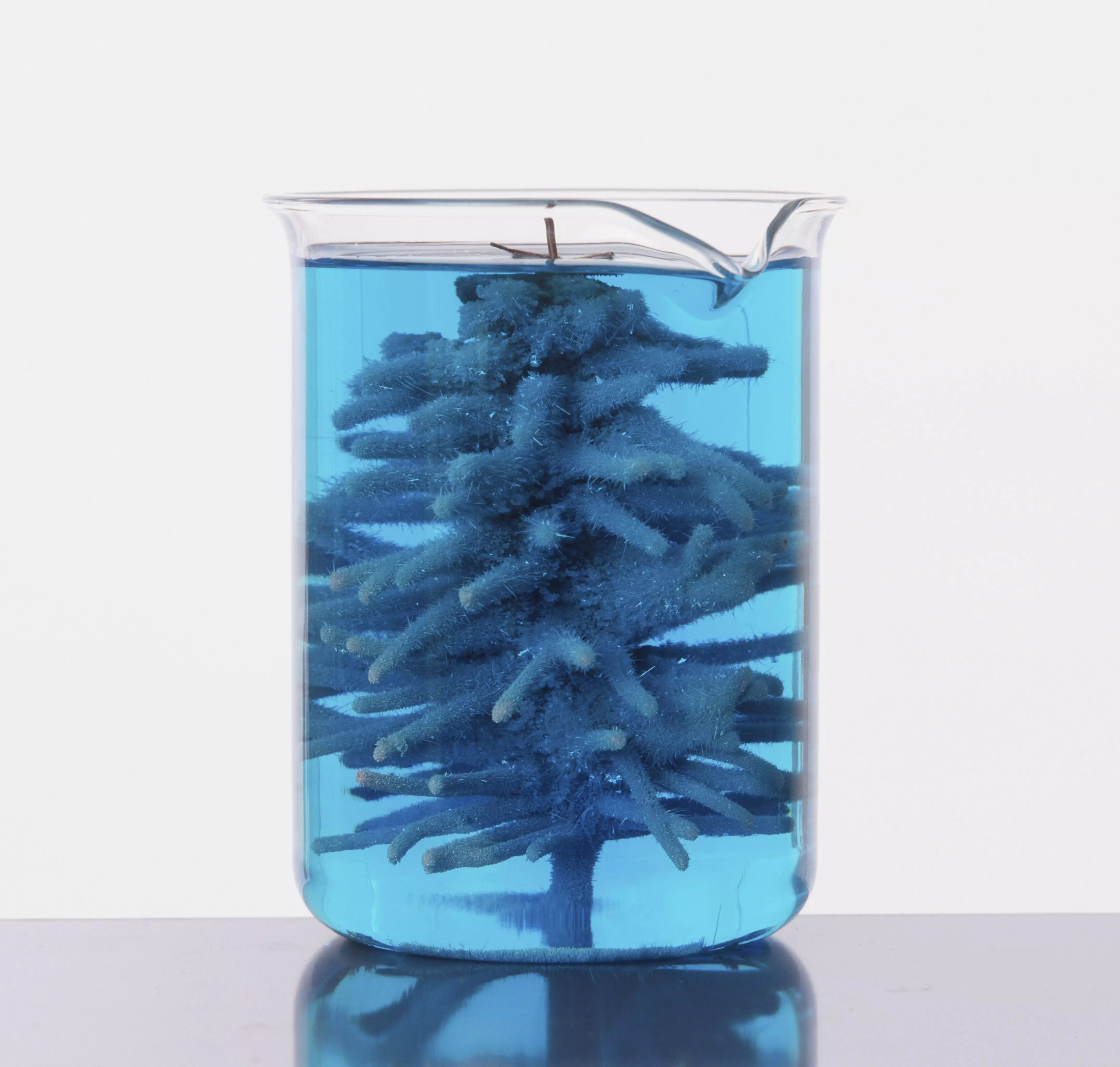 Puede usar una reacción química para depositar cristales de plata como estos en una forma de árbol de Navidad de cobre para hacer un árbol de plata.