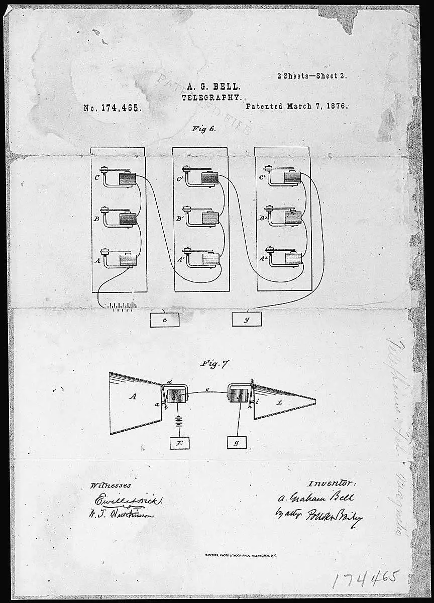 Desenho da patente do telefone Alexander Graham Bell.